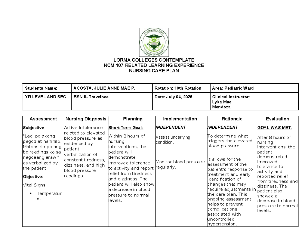 Editable NCP final - notes - LORMA COLLEGES CONTEMPLATE NCM 107 RELATED ...