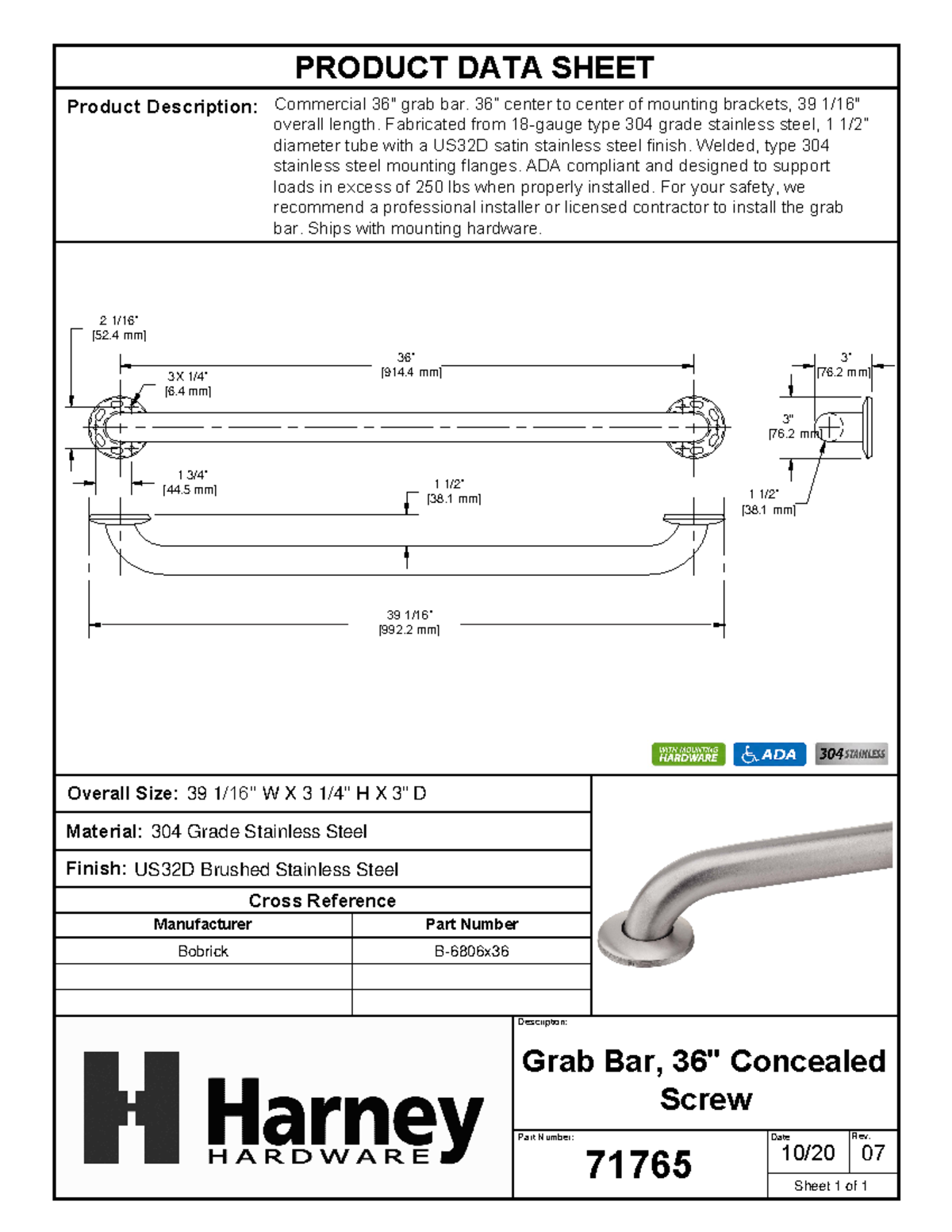 304 GRADE DTTY stainless steel - Sheet 1 of 1 Part Number: Rev. 39 1/ ...
