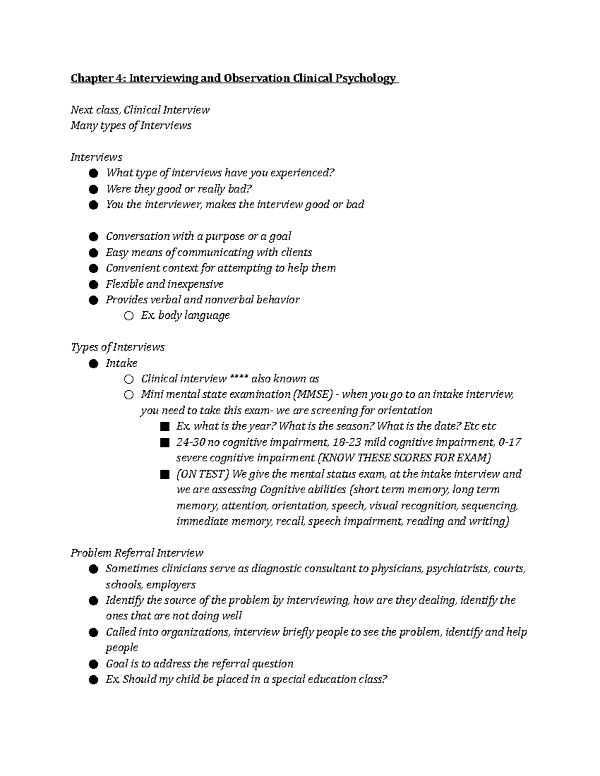 Chapter 4 - Lecture notes 4 - Chapter 4: Interviewing and Observation ...