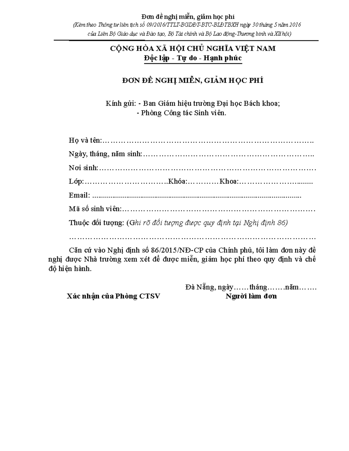 DON XIN MGHP - hmmm - Đơn đề nghị miễn, giảm học phí (Kèm theo Thông tư ...