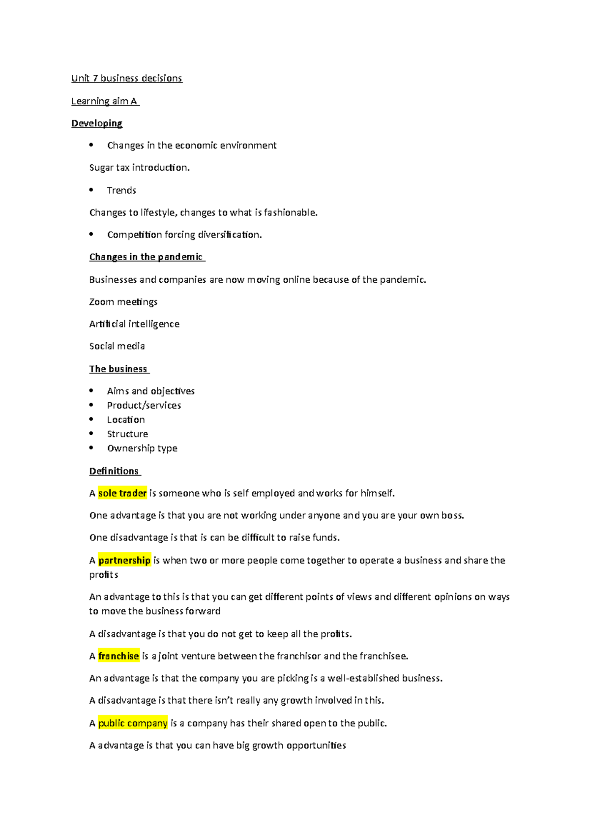 UNIT 7 Business Decisions Learning AIM A - Unit 7 business decisions ...