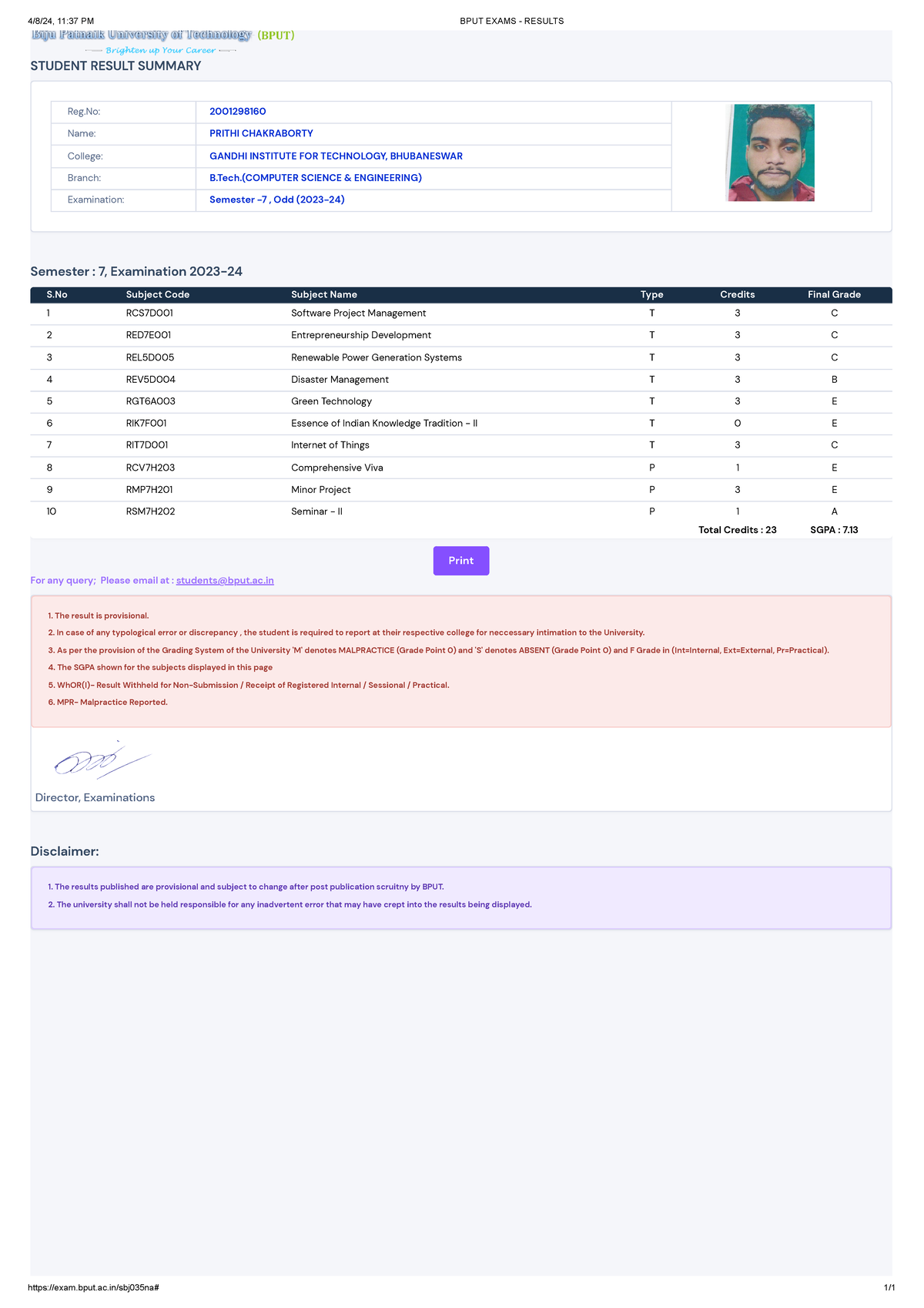 BPUT Exams - Results Prithi - 4/8/24, 11:37 PM BPUT EXAMS - RESULTS ...