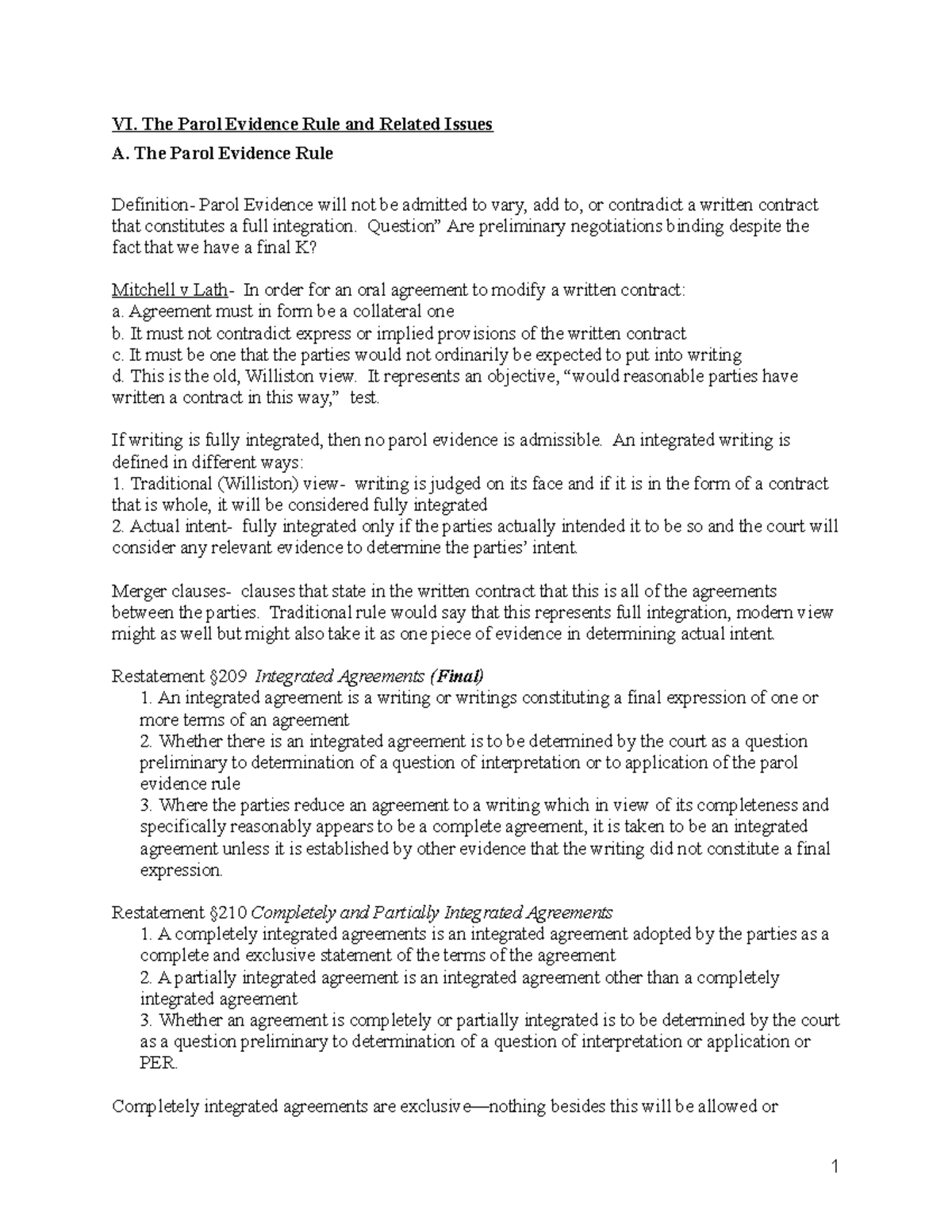 Contracts Law Outline - 2 - VI. The Parol Evidence Rule and Related ...