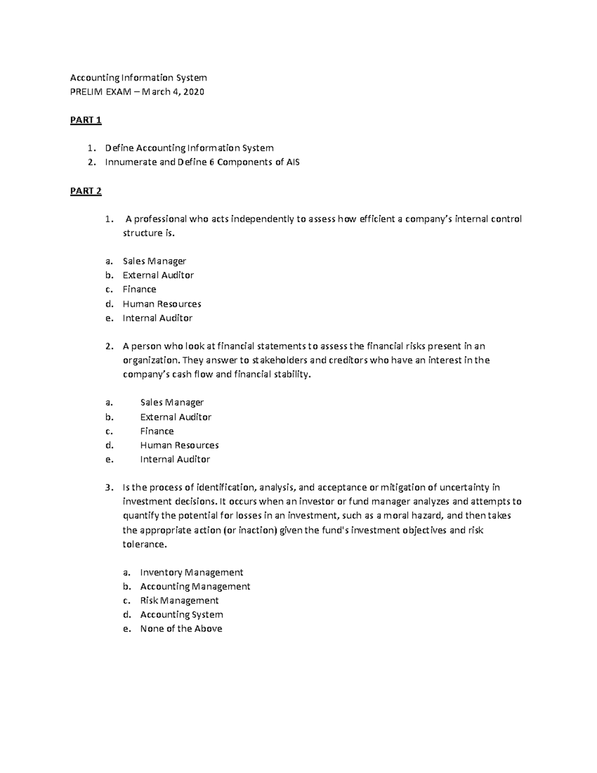 Prelim TEST - Accounting Information System PRELIM EXAM – March 4, 2020 ...