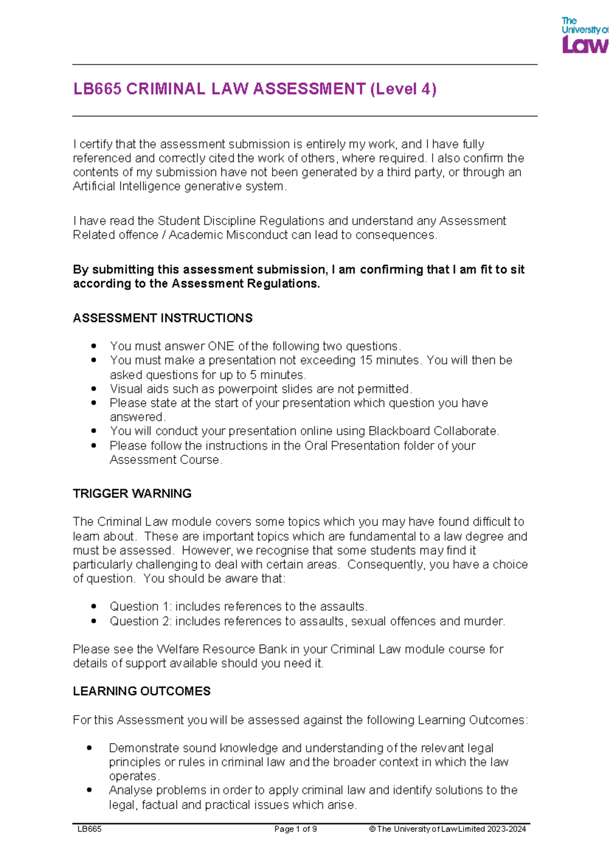 Mock assessment practice - LB665 CRIMINAL LAW ASSESSMENT (Level 4) I ...