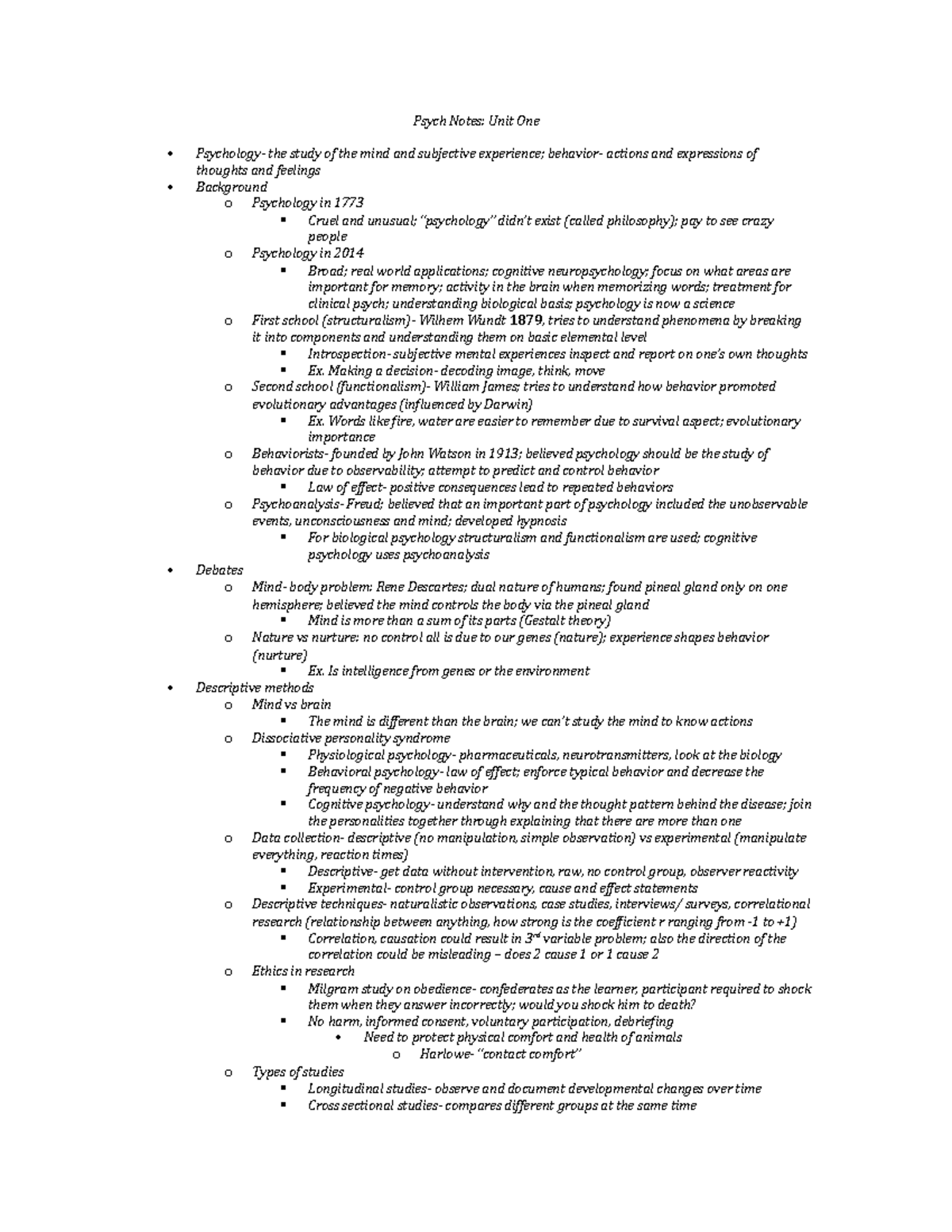 Psych Notes one - Psych Notes: Unit One the study of the mind and ...