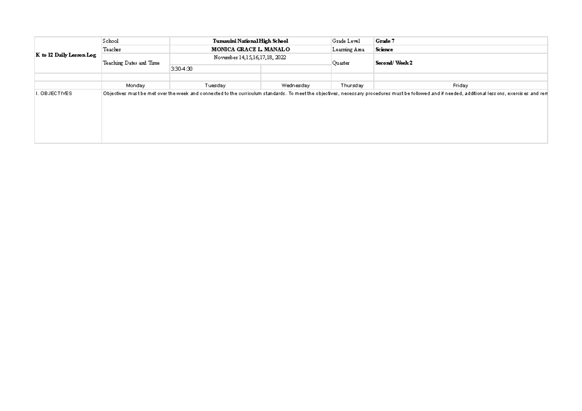 DLL Q2-Science G7 - Please check this out - K to 12 Daily Lesson Log ...