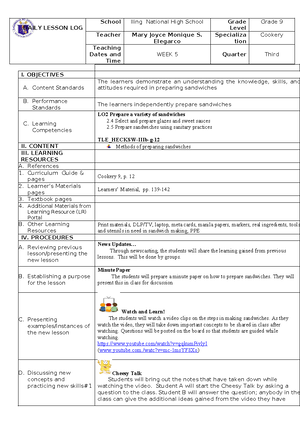 DLL Week 1a - Daily Lesson Log Week 1a for Grade7/8 Commerical Cooking ...