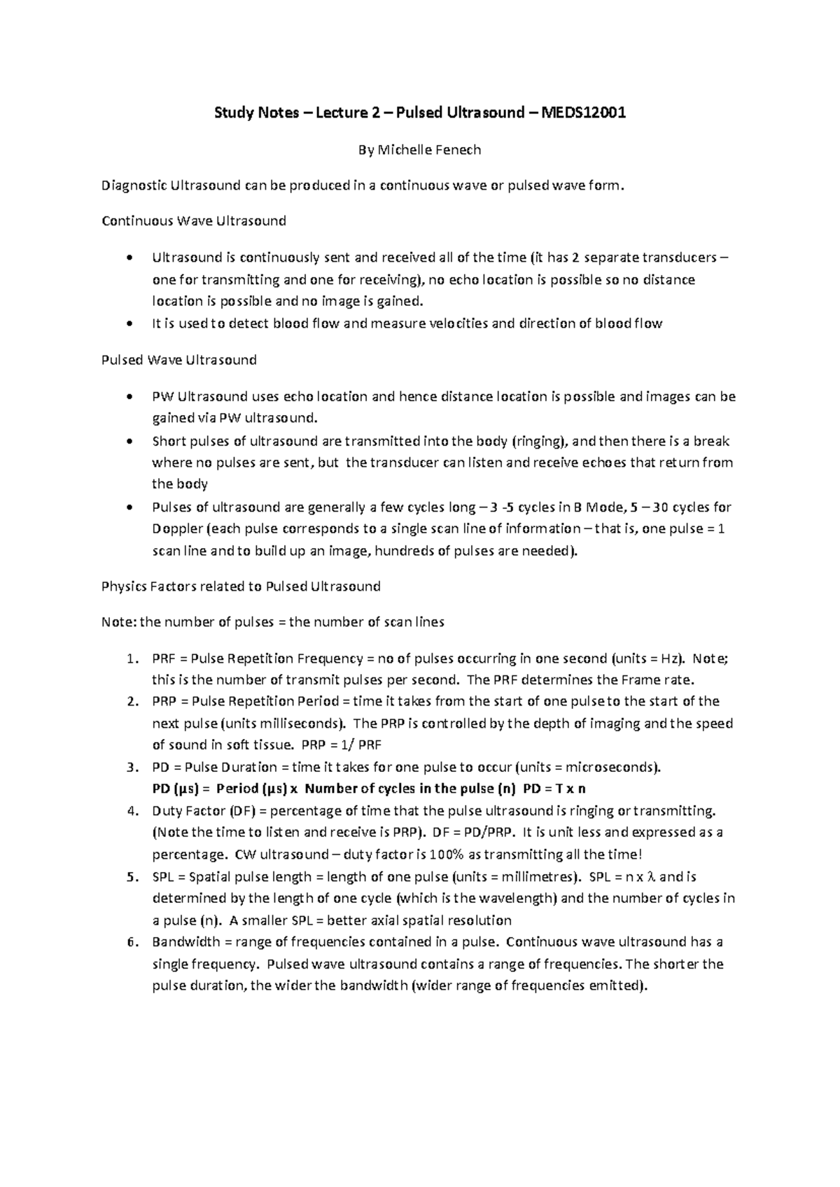 Study Notes Lecture 2 MEDS12001 - Study Notes – Lecture 2 – Pulsed ...