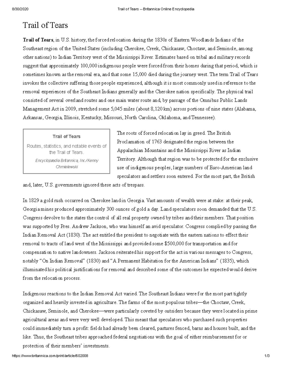 Trail of Tears - Britannica Online Encyclopedia - 8/30/2020 Trail of ...