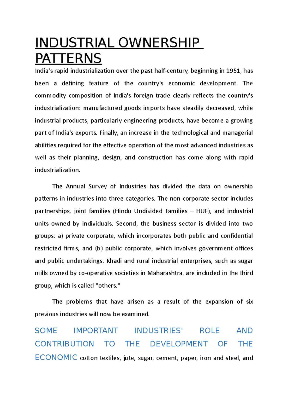 Industrial Ownership Patterns - INDUSTRIAL OWNERSHIP PATTERNS India's ...