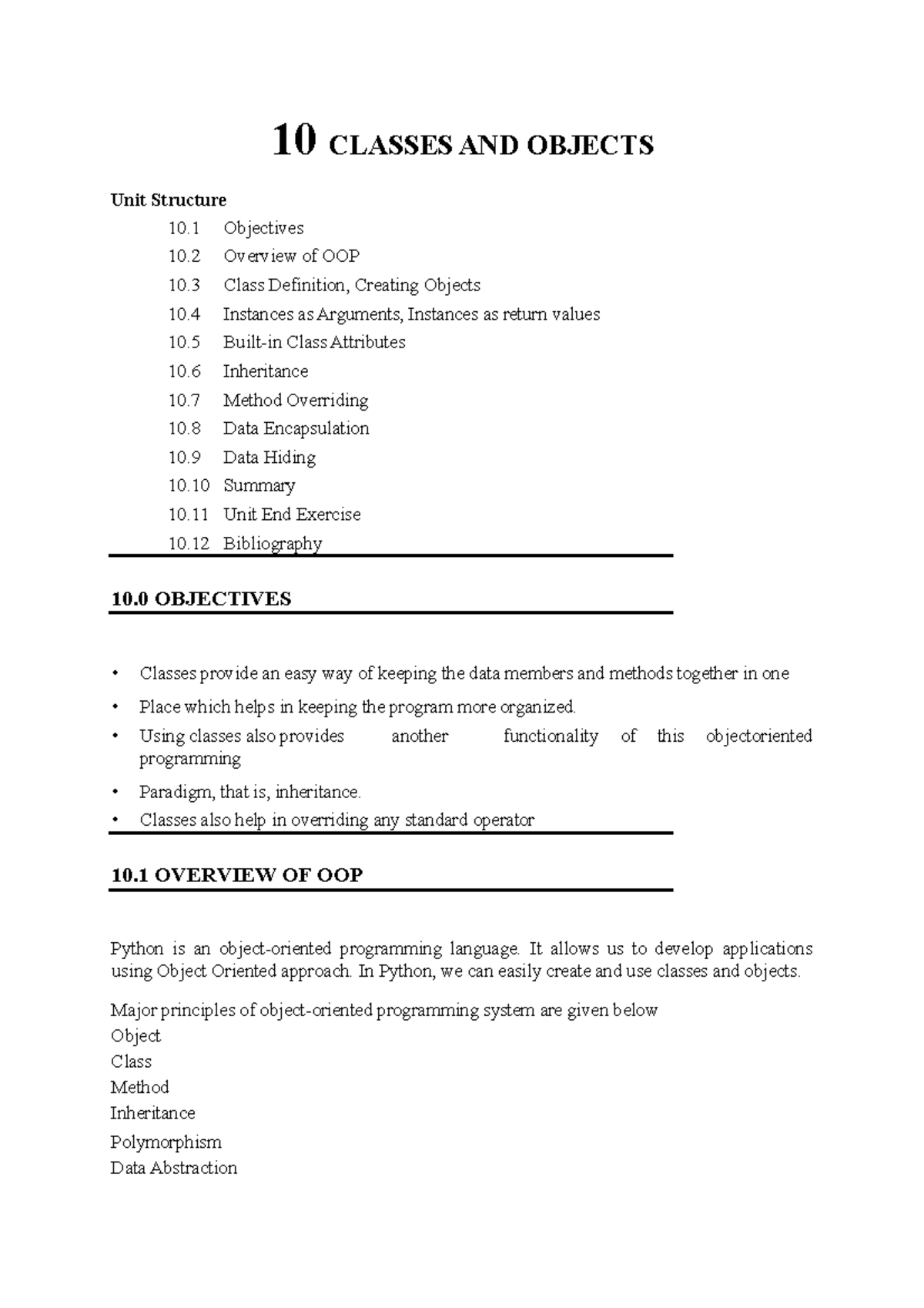3 - notes - 10 CLASSES AND OBJECTS Unit Structure 10 Objectives 10 ...