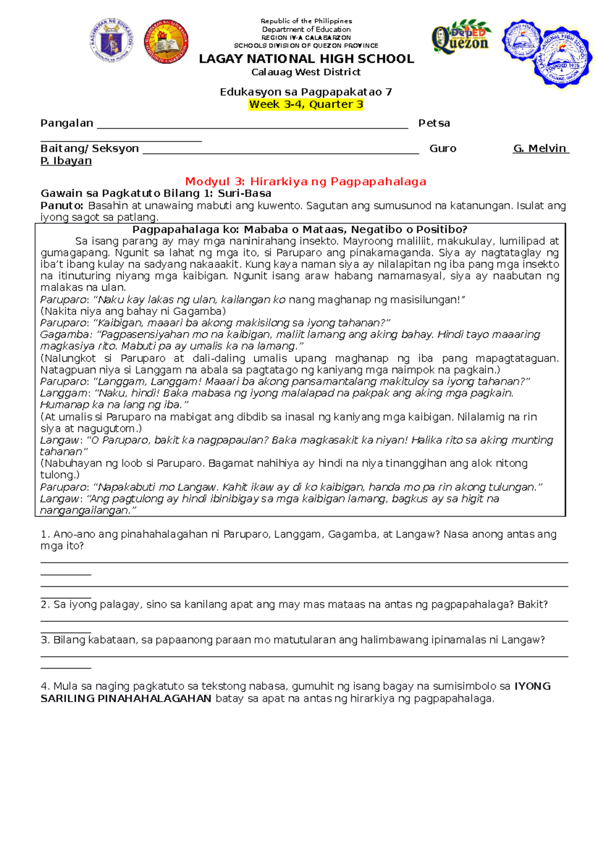 Esp 7 -Week 3-4-q3 - Activity/ Answer Sheets for the Third Quarter - Republic of the Philippines ...