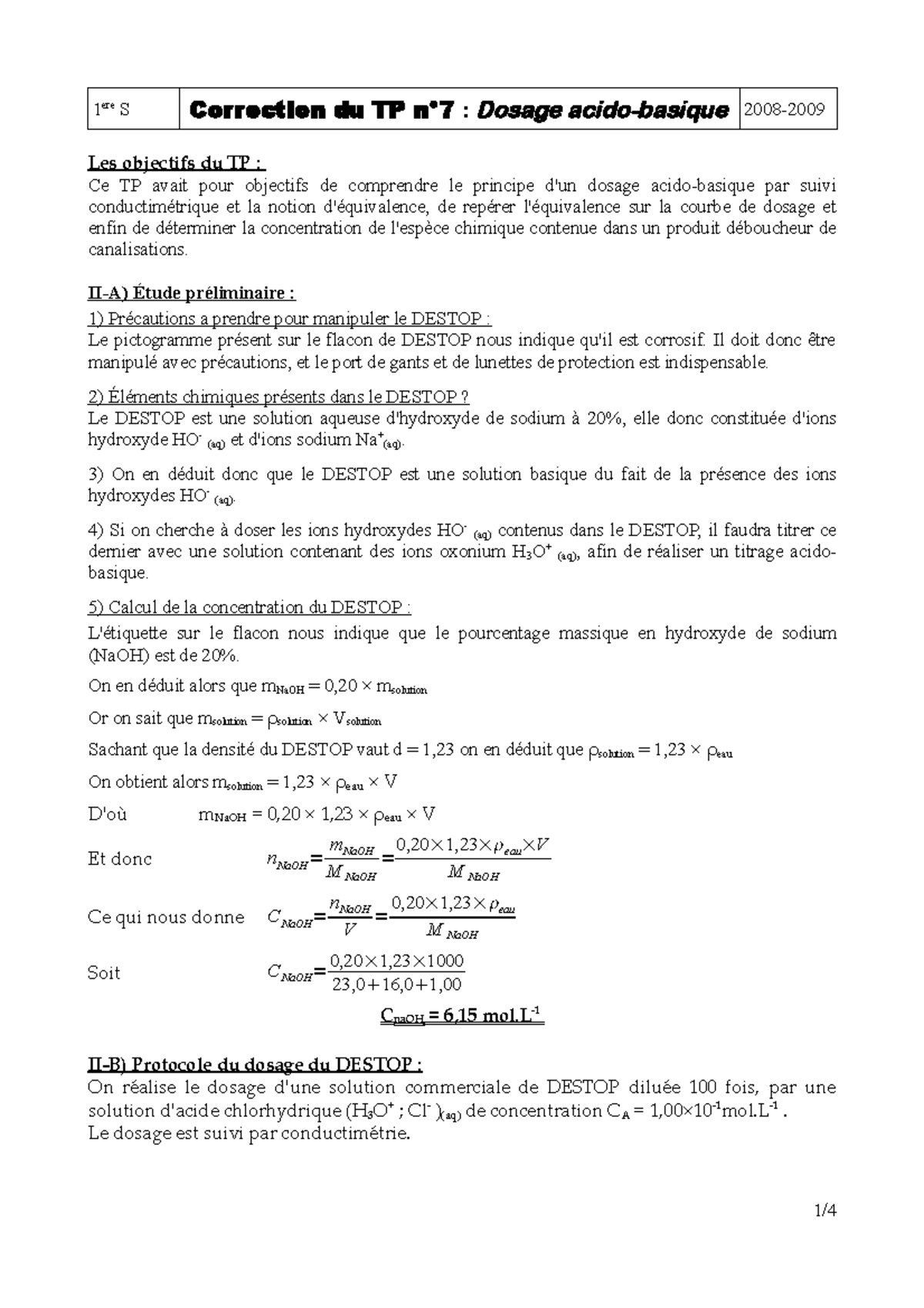 Corrige TP 7 dosage acido basique - 1 ere S Correction du TP n°7 : Dosage acido-basique 2008 ...