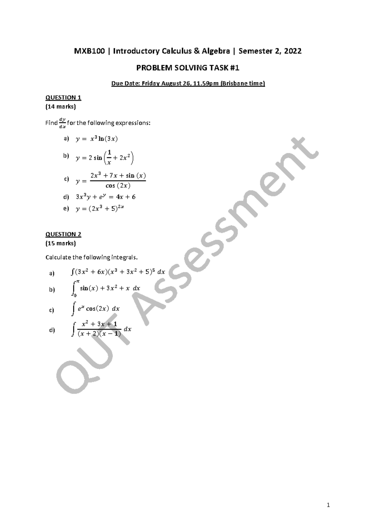 PST1 MXB100 Sem2 2022 - 1 MXB100 | Introductory Calculus & Algebra ...