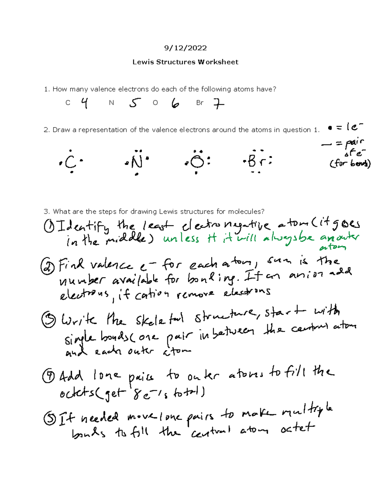 Lewis Structures Worksheet Key - CHEM105aLg - 9/12/ Lewis Structures ...