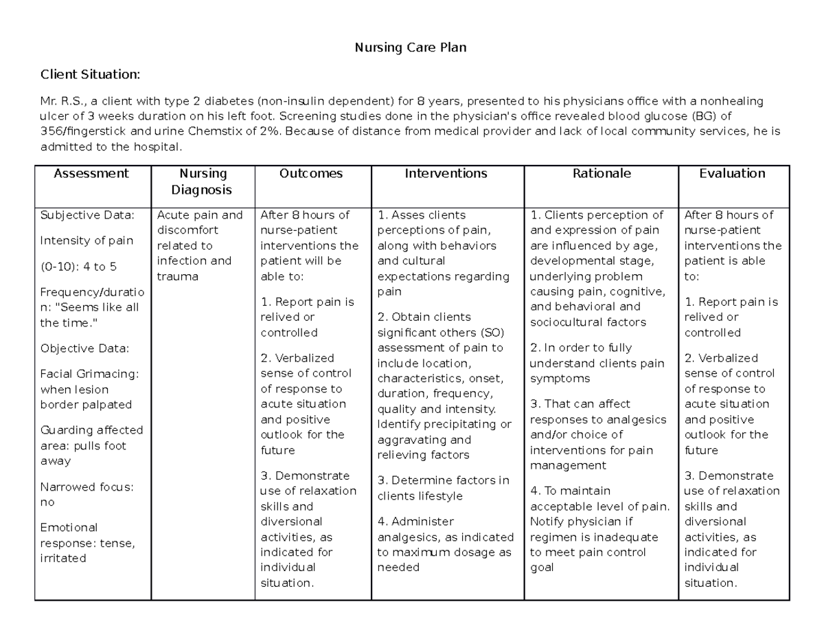 NCP2 - Free - Nursing Care Plan Client Situation: Mr. R., a client with ...