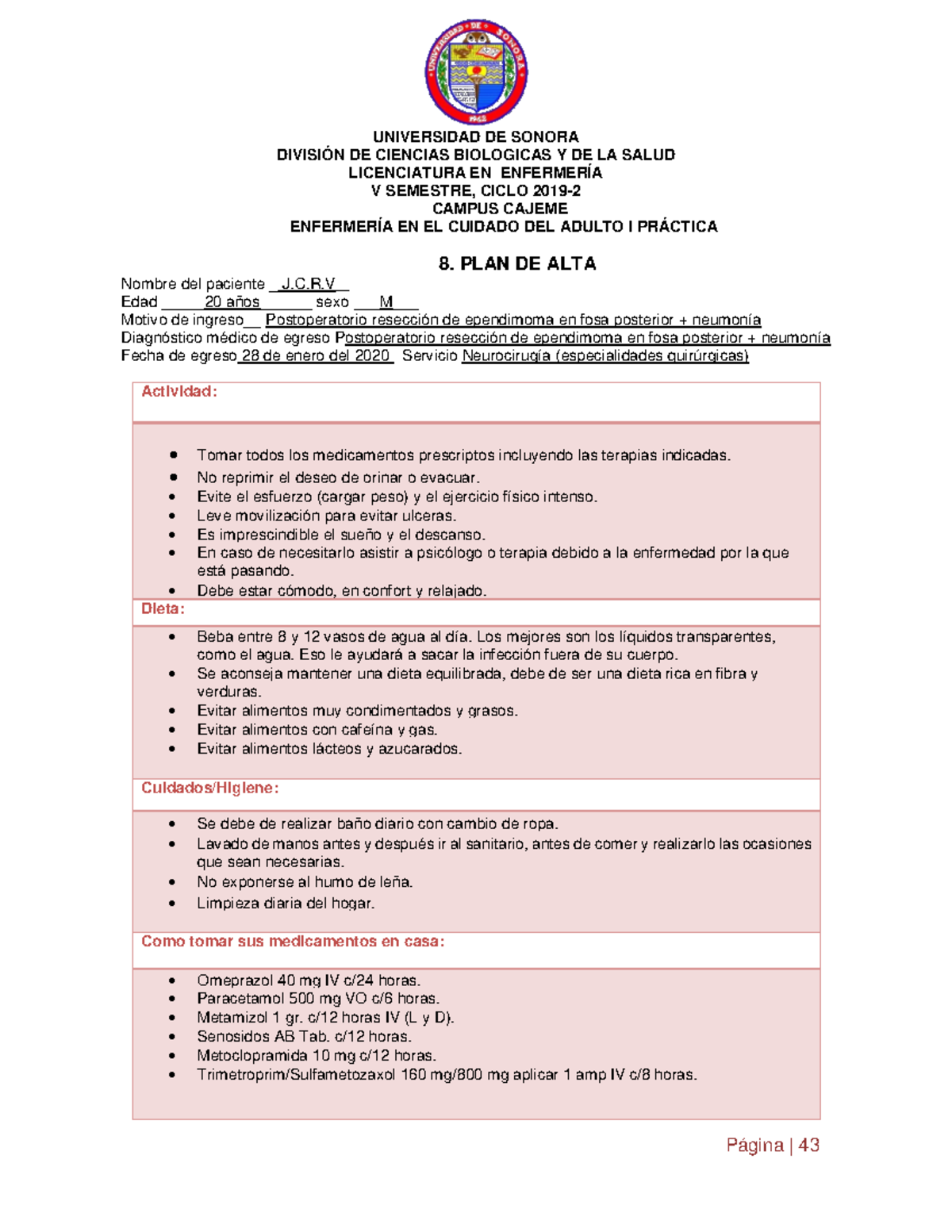 Plan de alta a paciente de neurocirugia. - Proceso de enfermeria - UNISON - Studocu
