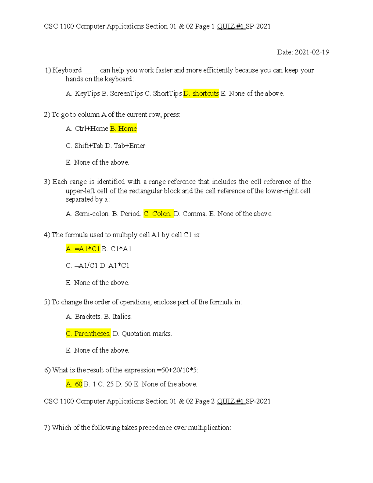Quiz Computer Applications Csc 1100 Computer Applications Section 01 And 02 Page 1 Quiz 1 Sp