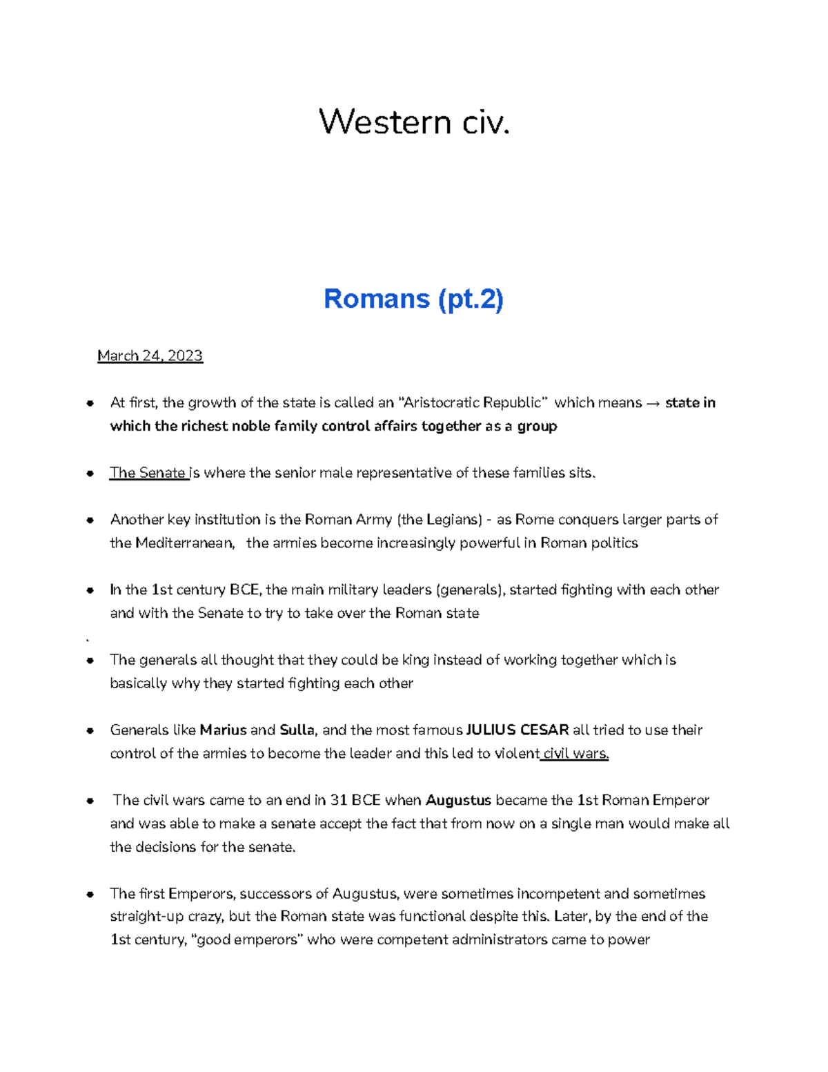 Western civ. unit 2 - Term 2 notes - Western civ. Romans (pt) March 24 ...