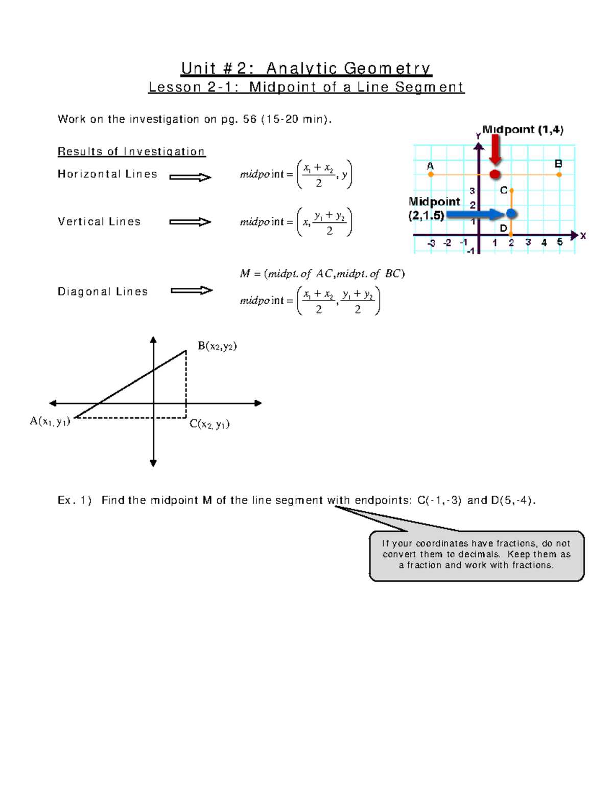 2-1 - Midpoint of a Line Segment - B(x 2 ,y 2 ) A(x 1 , y 1 ) C(x2, y 1 ...