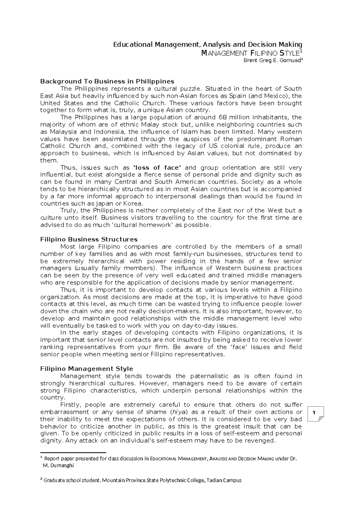 Management Filipino Style 2 - 1 Educational Management, Analysis and ...