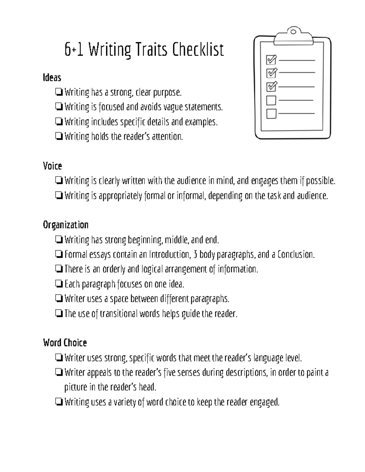 Checklists in Writing - 6+1 Writing Traits Checklist Ideas Writing has ...