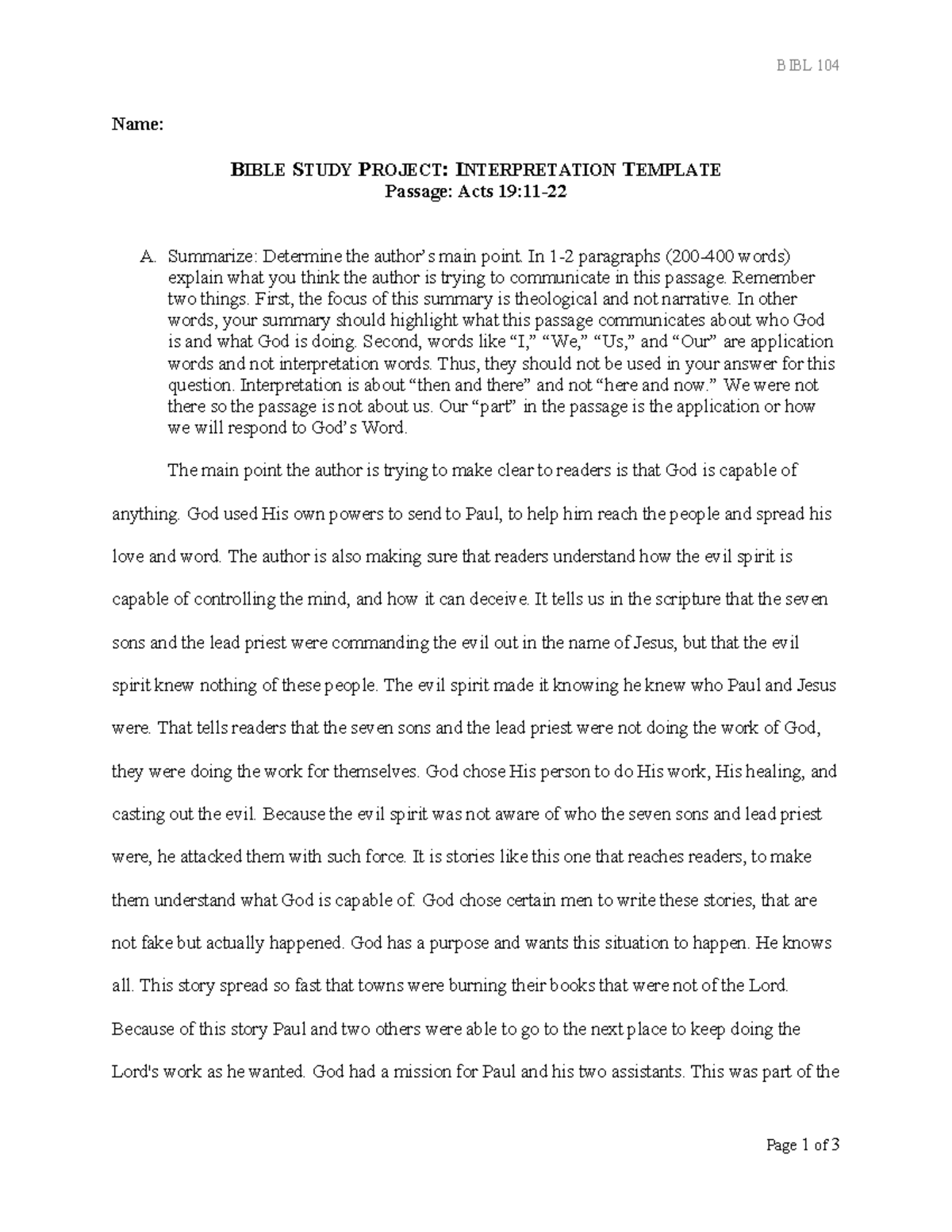 Bible Study Project Interpretation Assignment - BIBL 104 Name: BIBLE ...