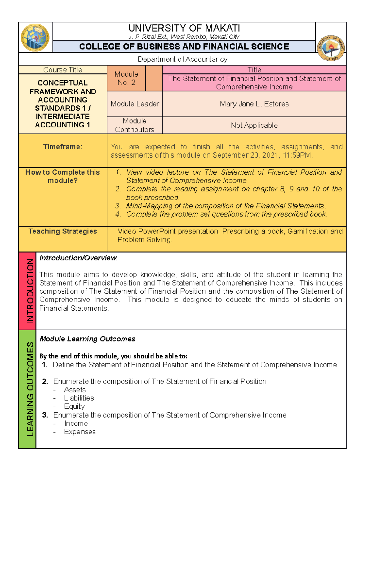 Module 2 The Financial Statements - UNIVERSITY OF MAKATI J. P. Rizal ...