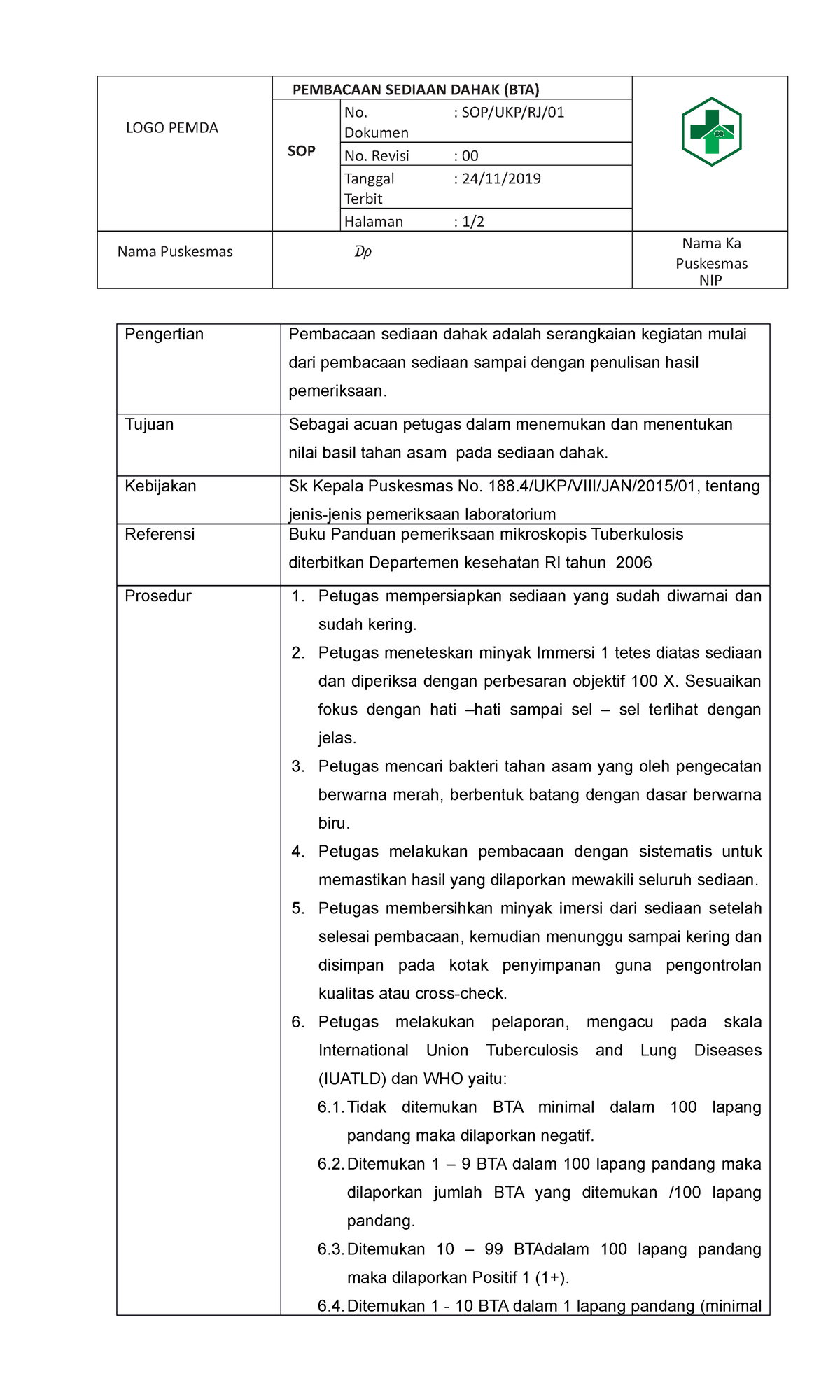 Sop Pembacaan Bta S Logo Pemda Pembacaan Sediaan Dahak Bta Sop No