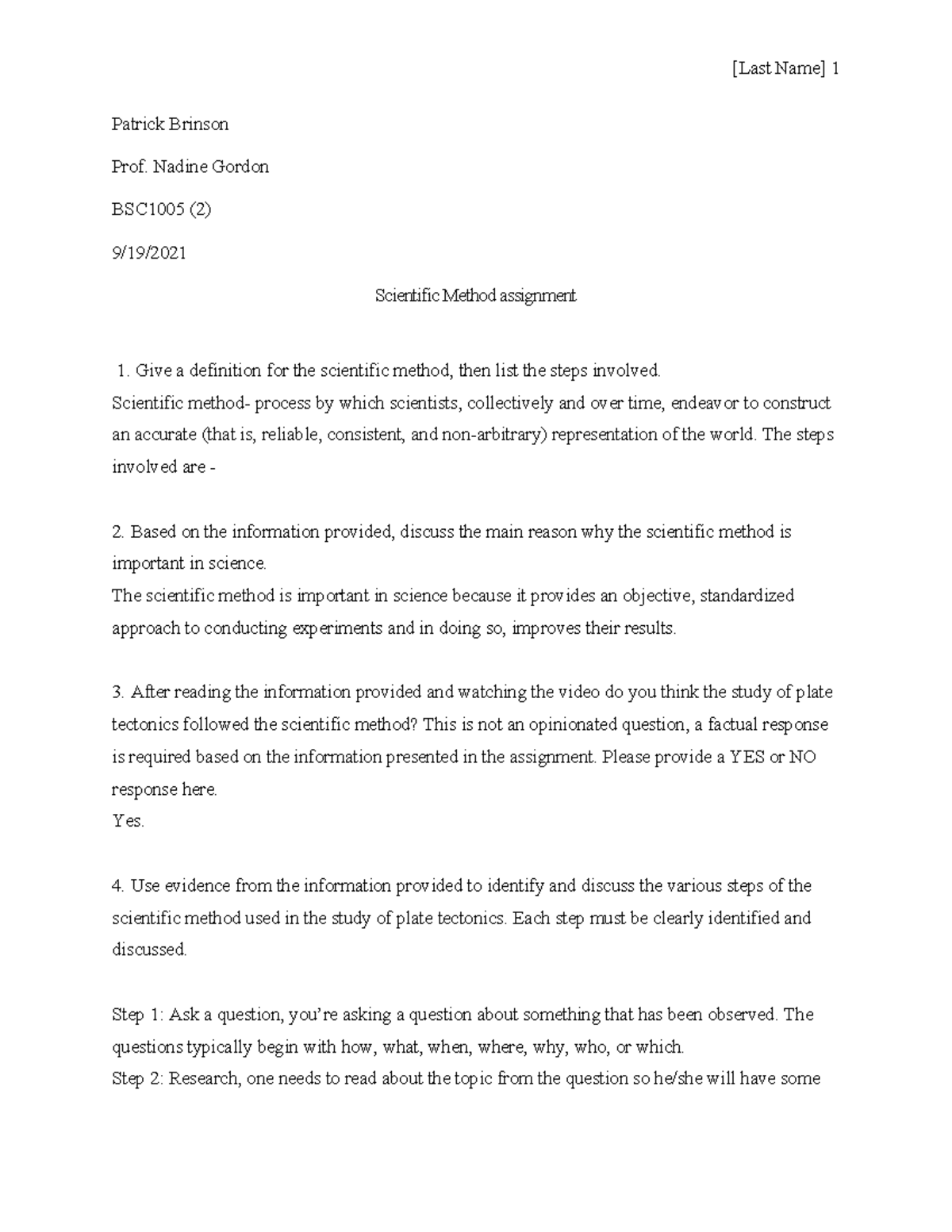 Scientific method assignment - [Last Name] 1 Patrick Brinson Prof ...