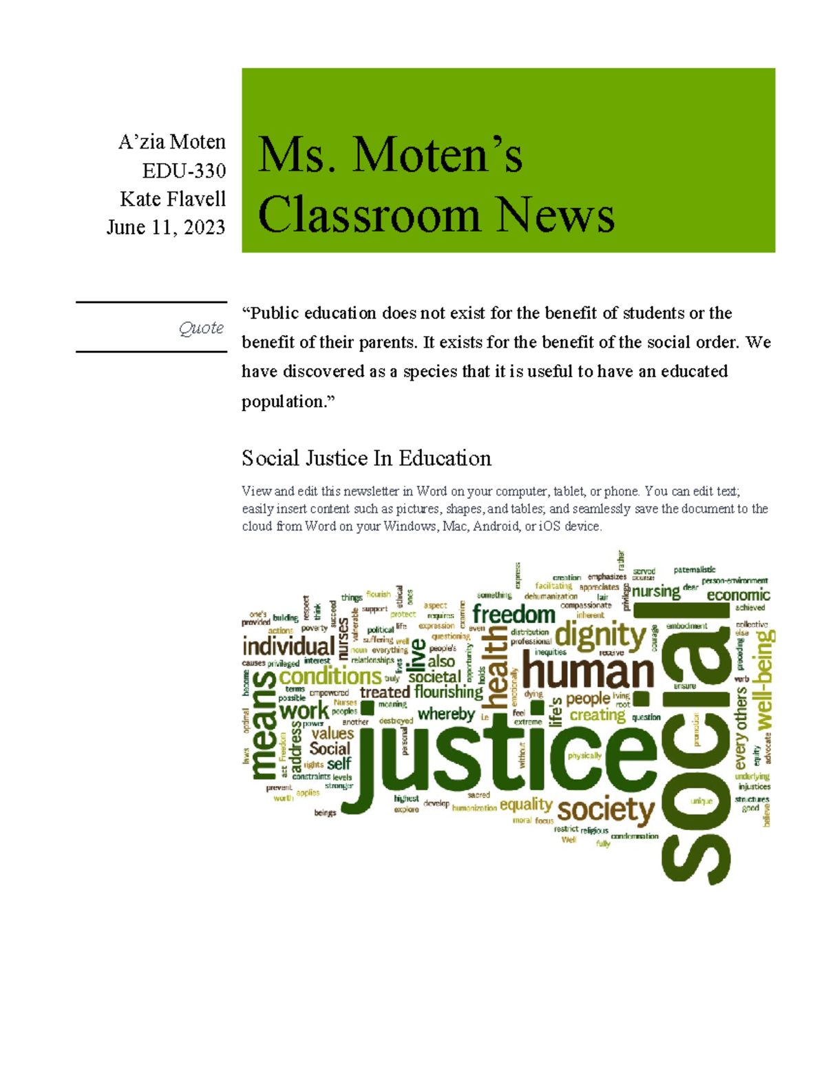 EDU-330 Social Justice in Education Newsletter - A’zia Moten EDU- Kate ...