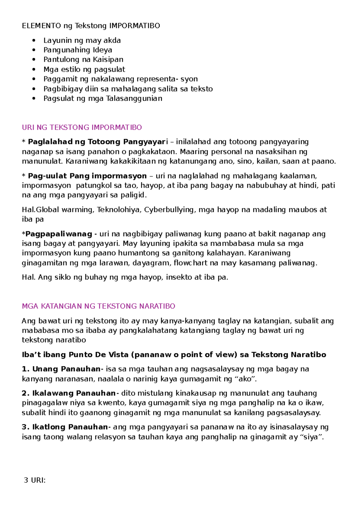 Pagbasa Reviewer 1ST SEM - ELEMENTO ng Tekstong IMPORMATIBO Layunin ng ...