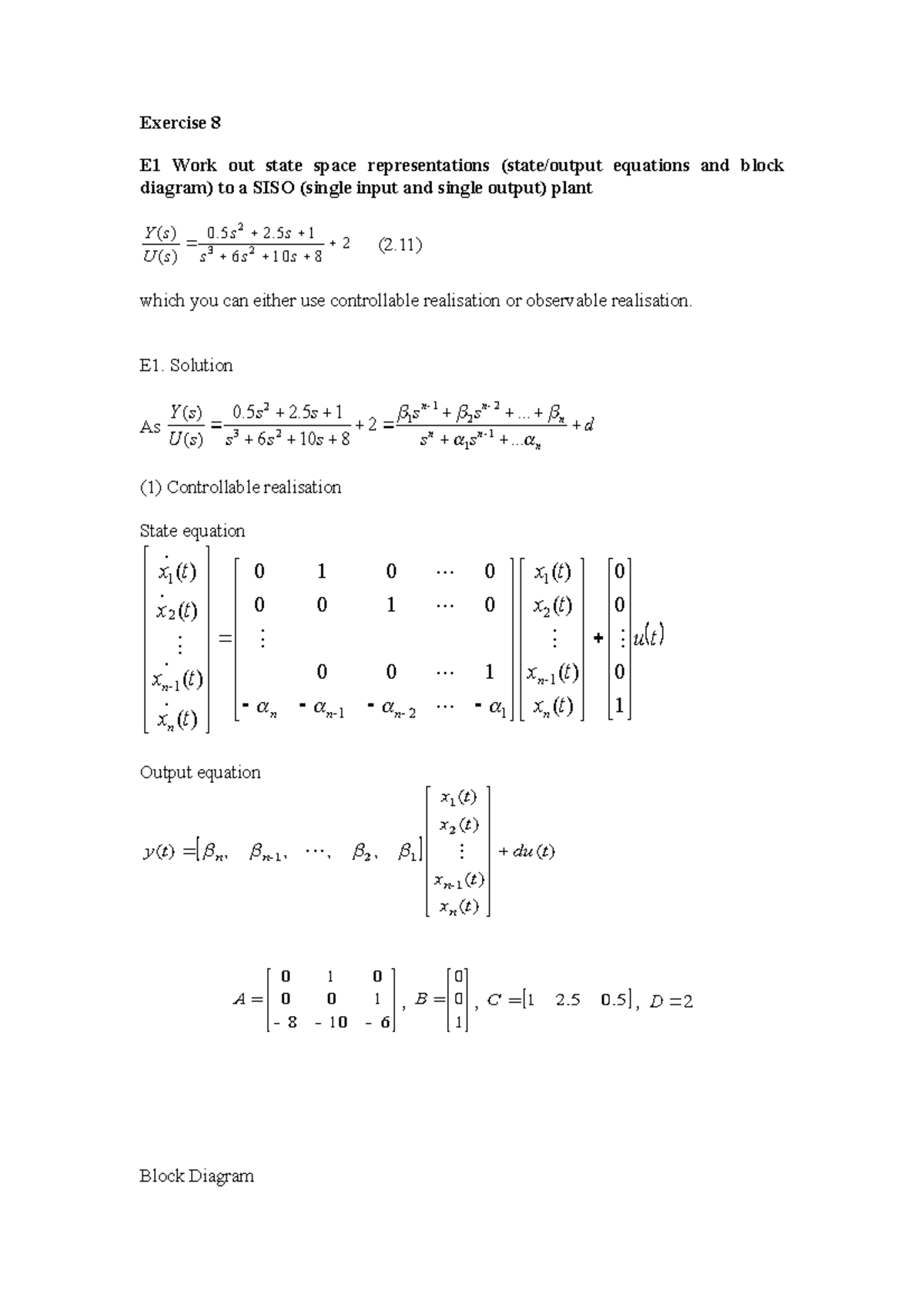 Lec 08 Solution - Exercise 8 E1 Work out state space representations (state/output equations and ...
