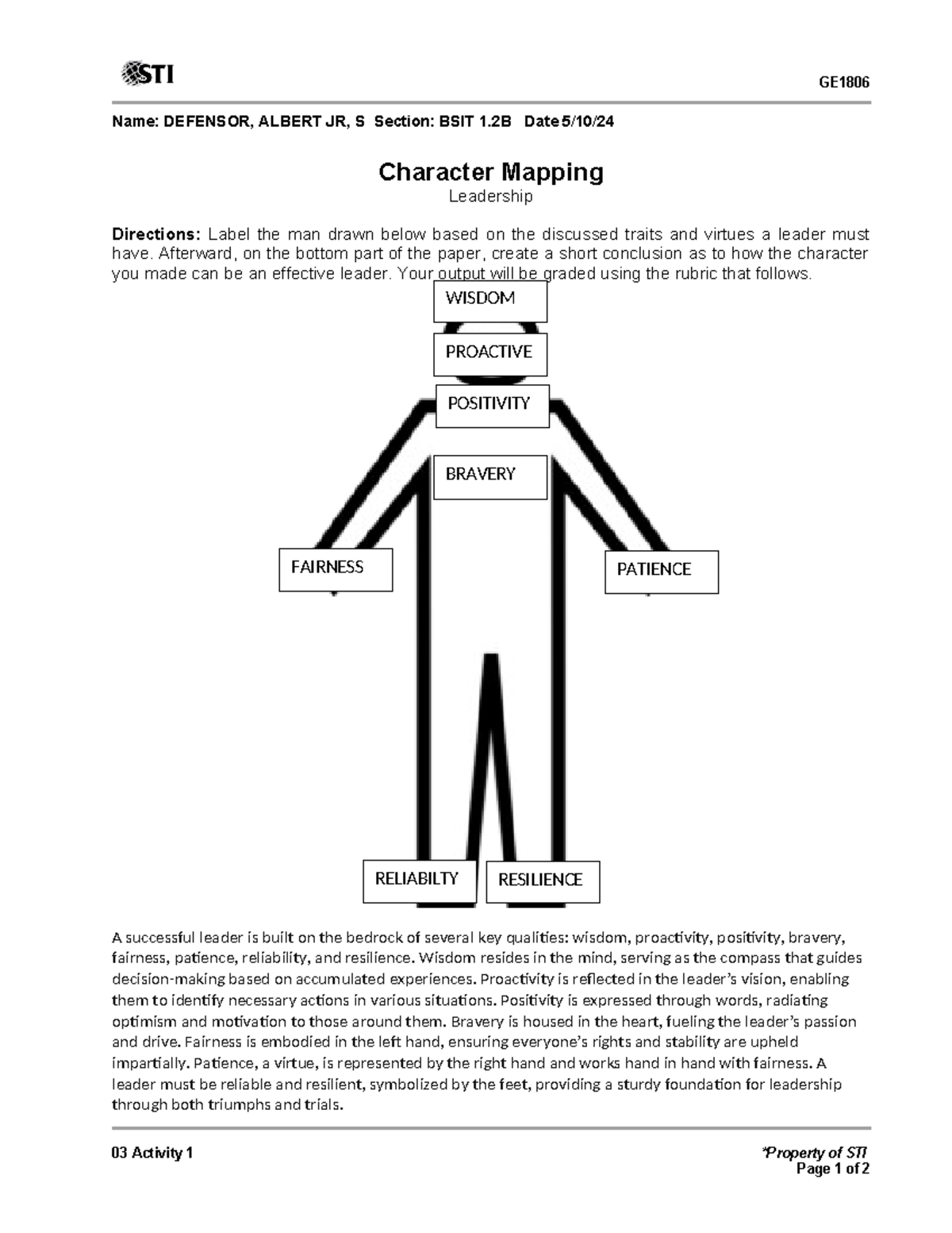 03 Activity 1 - GE Name: DEFENSOR, ALBERT JR, S Section: BSIT 1 Date 5 ...