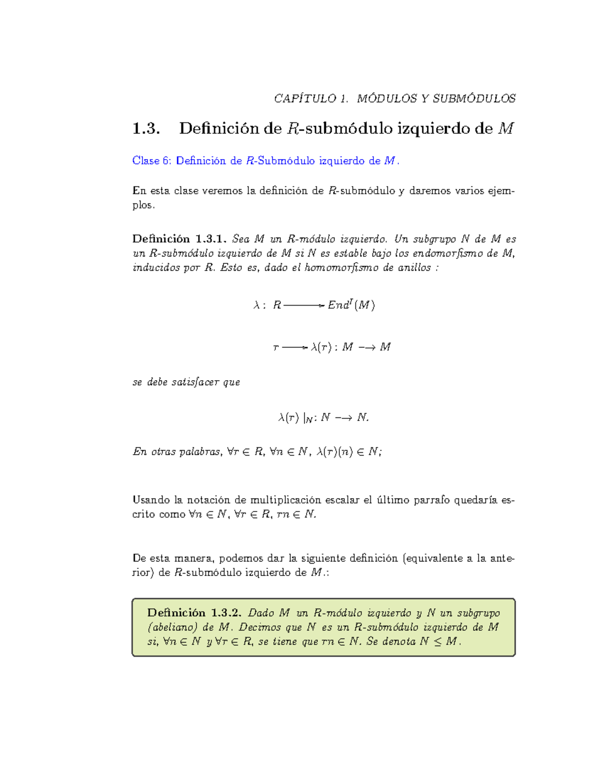 Clase C 6M Definición R-Submódulo Izquierdo - CAPÍTULO 1. MÓDULOS Y ...