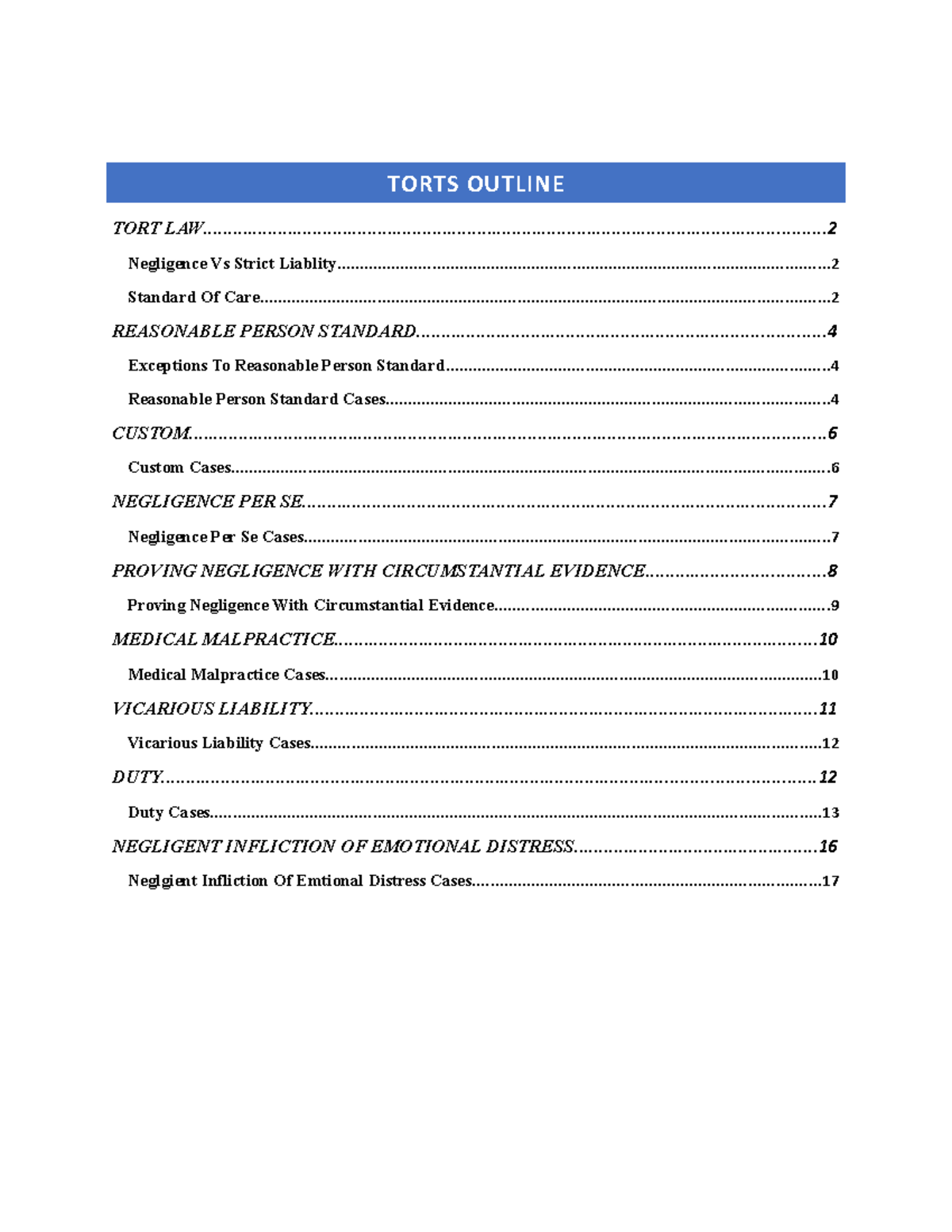 Tort Outline - TORTS OUTLINE TORT - Studocu