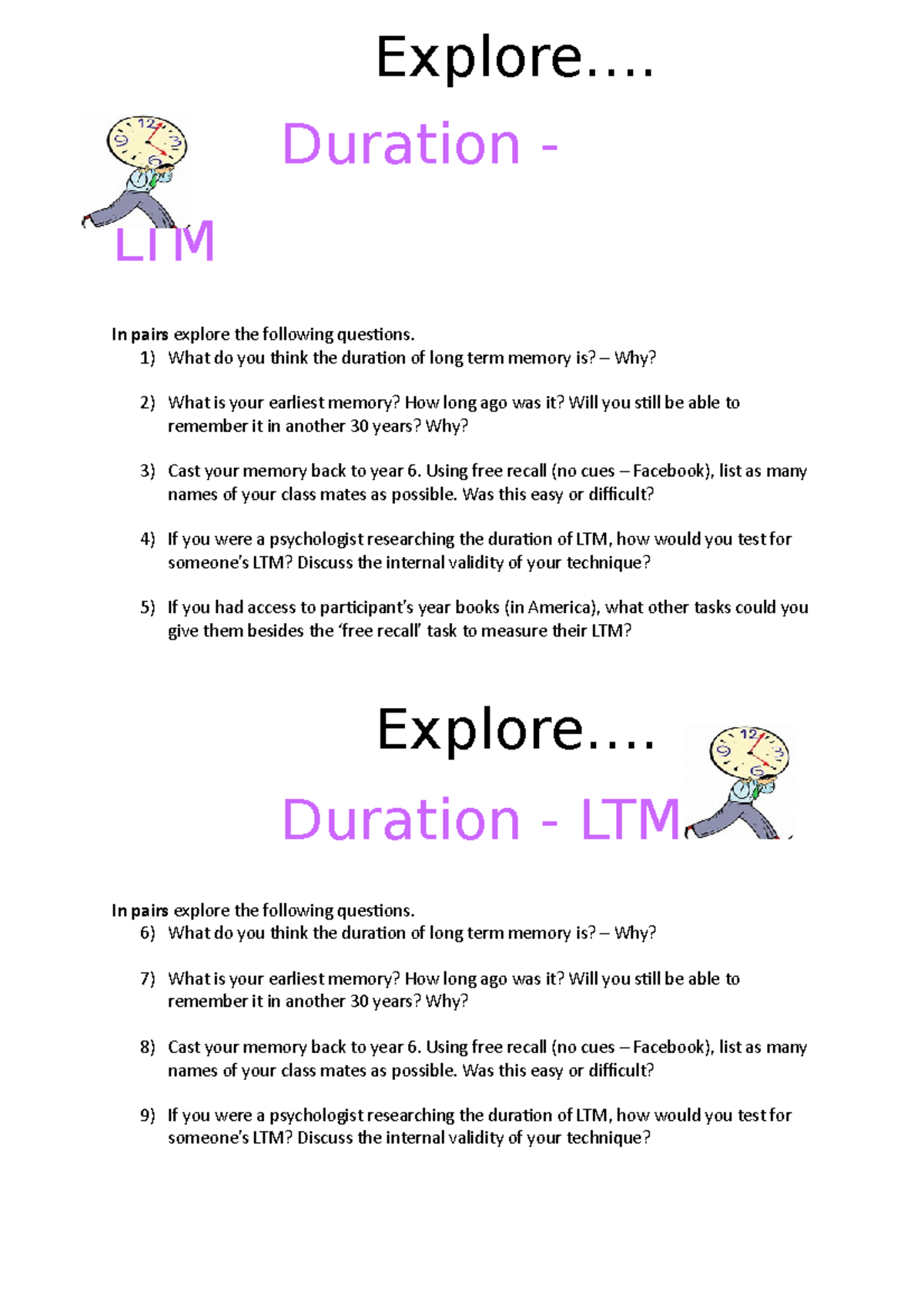 LTM Duration (Carousel- Task 3) - Duration - LTM In pairs explore the ...