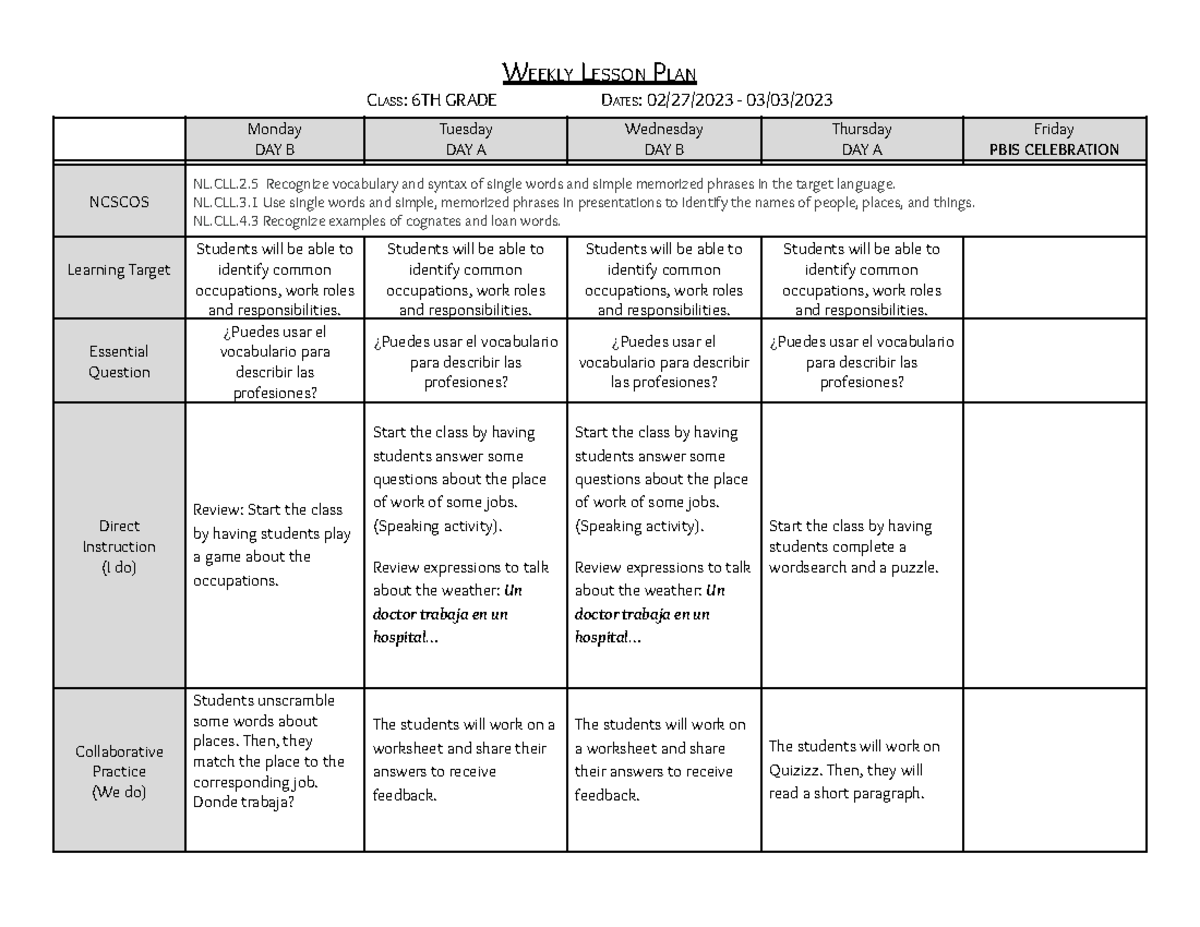 WEEK 9 - Semester 2 - 6TH Grade - WEEKLY LESSON PLAN CLASS: 6TH GRADE ...