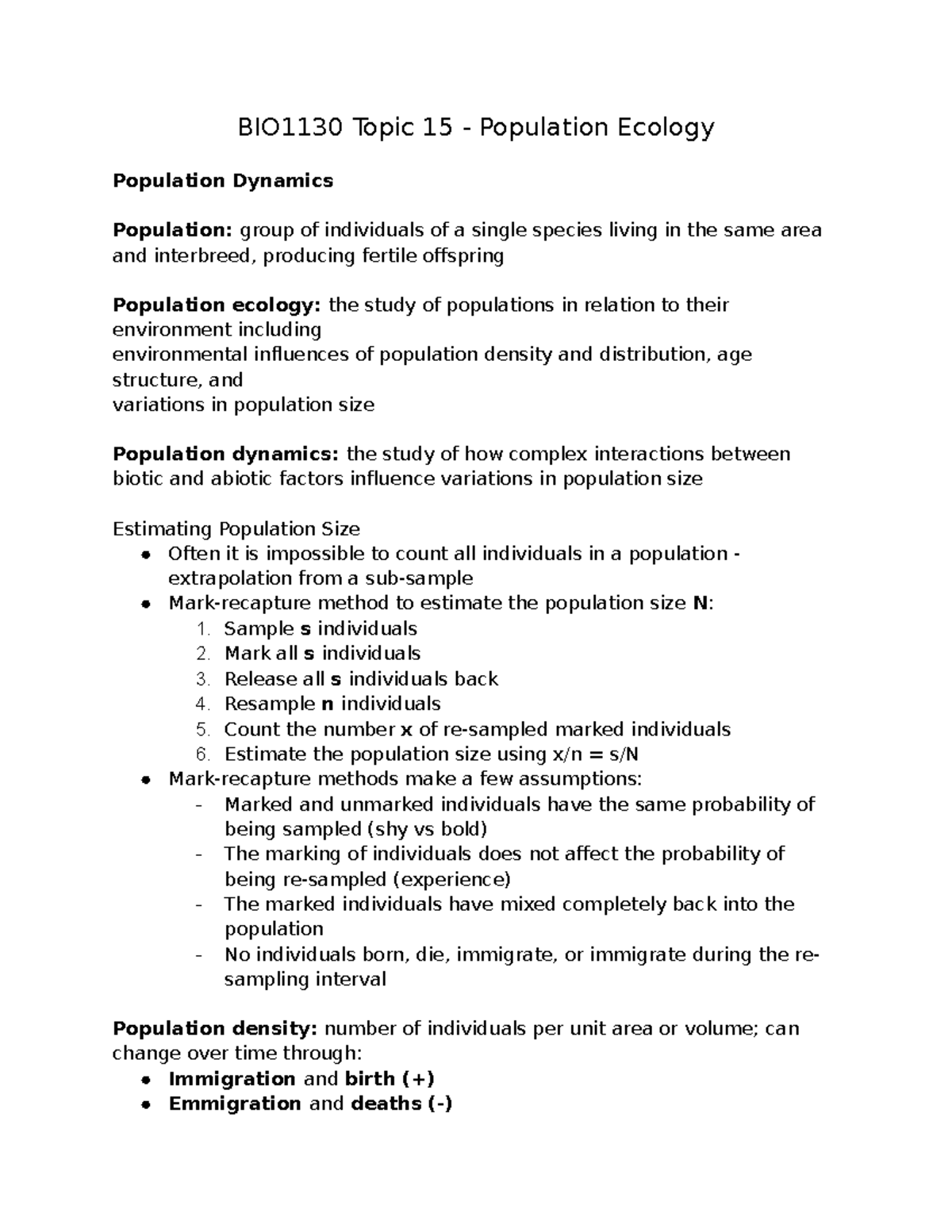BIO1130 Topic 15 - BIO1130 Topic 15 - Population Ecology Population ...