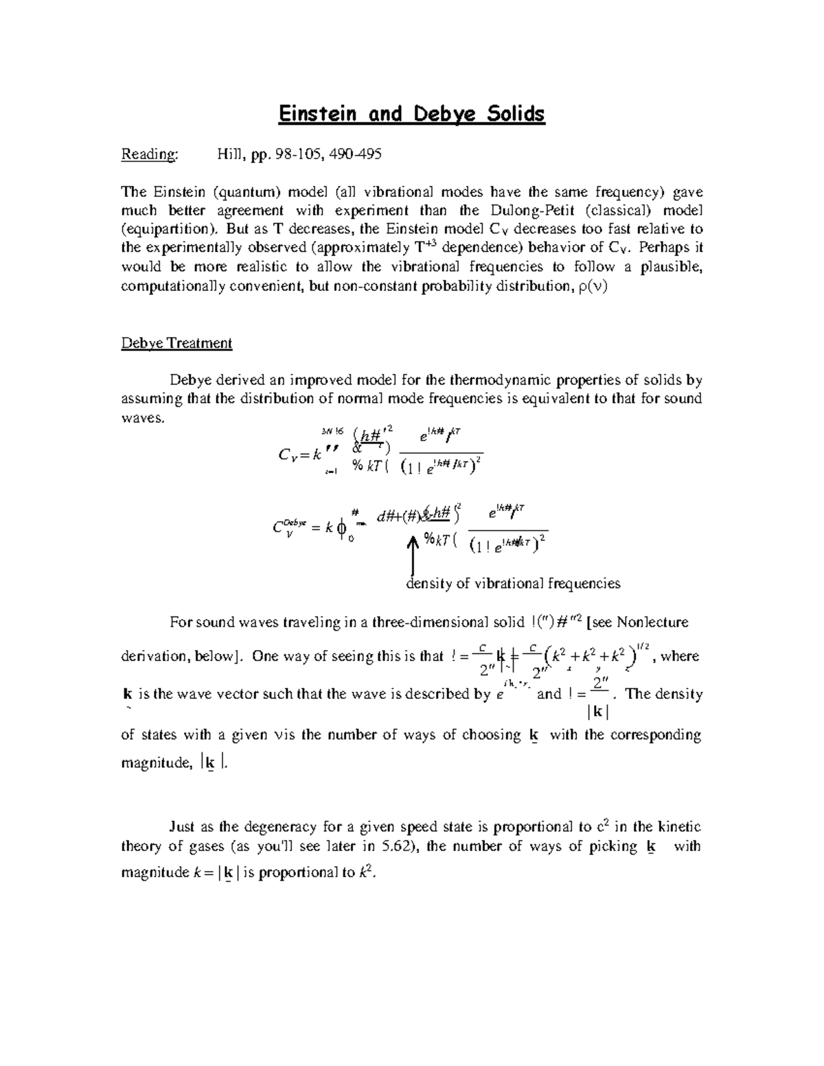 Einstein and Debye solids - ~ ~ ~ Einstein and Debye Solids Reading ...