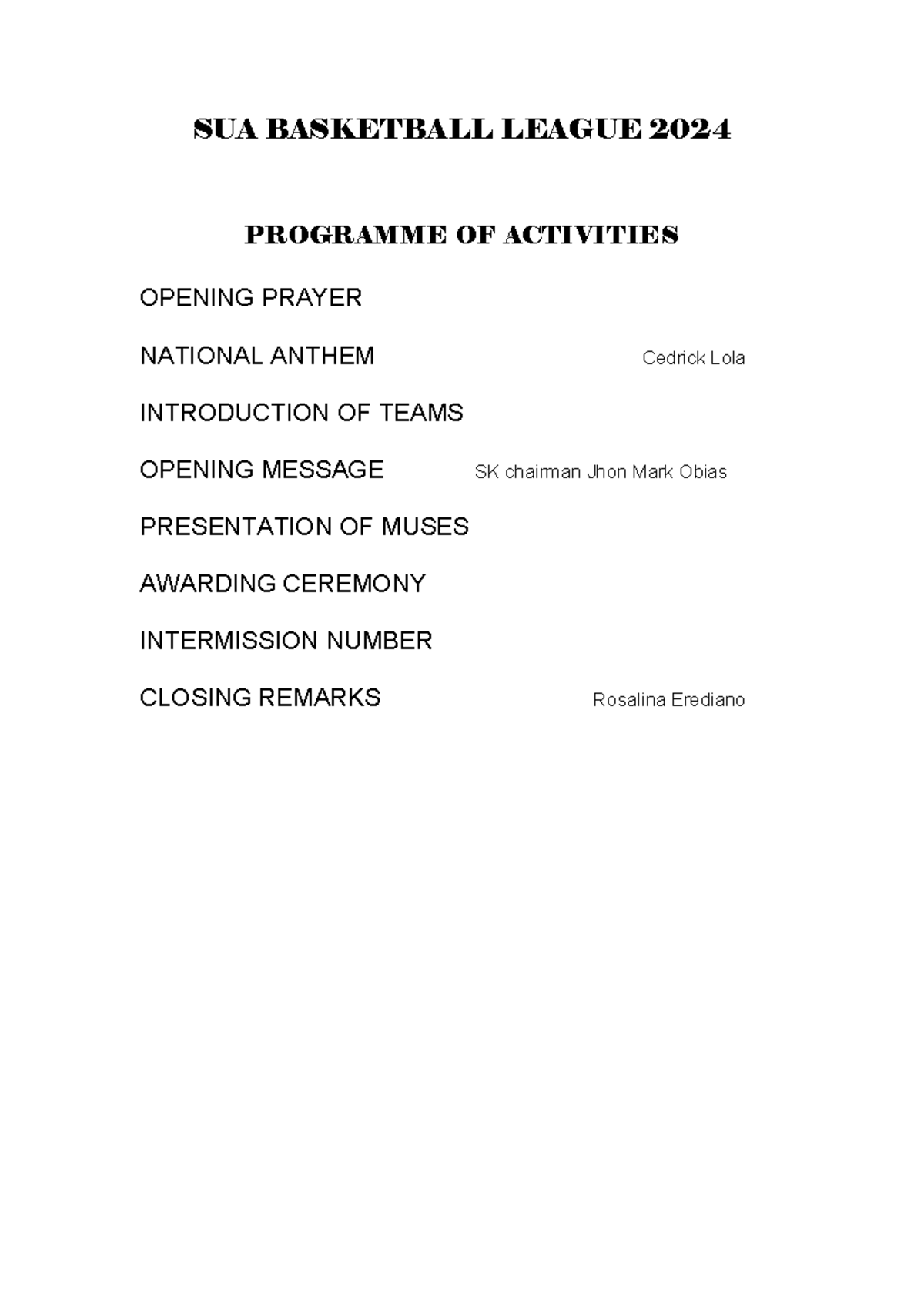 Basketball- League- Awarding - SUA BASKETBALL LEAGUE 2024 PROGRAMME OF ...
