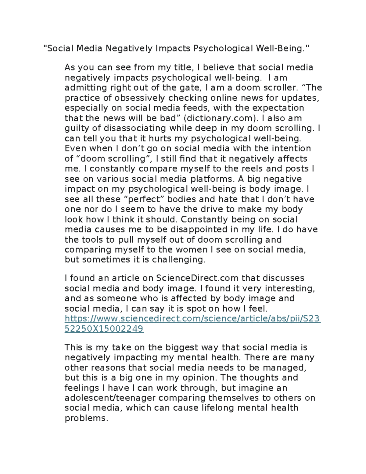 Mod 6 Discussion - "Social Media Negatively Impacts Psychological Well ...