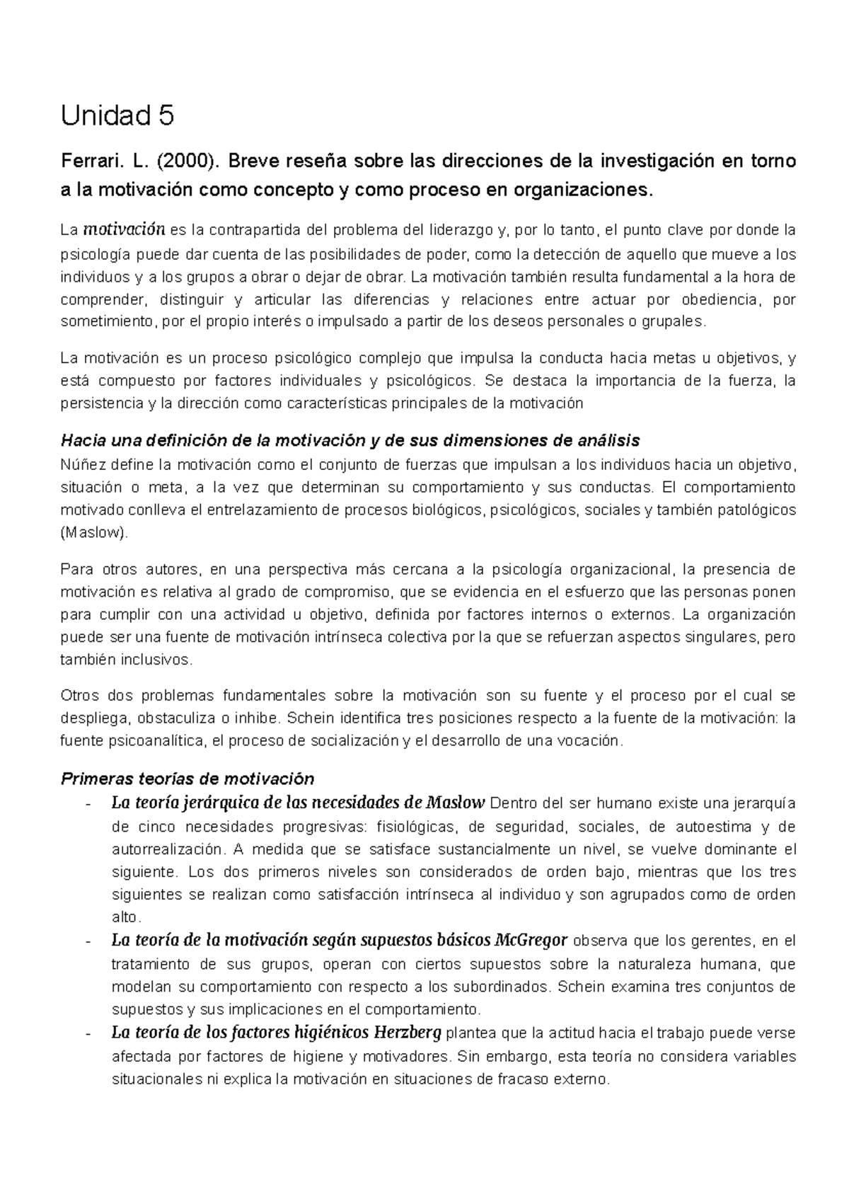 Resumen Sinefo psicologia del trabajo - Unidad 5 Ferrari. L. (2000 ...