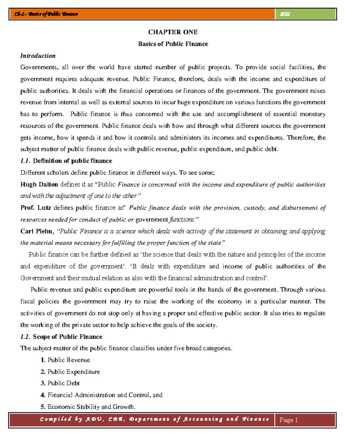 CH-1-Basics of Public Finance - CHAPTER ONE Basics of Public Finance ...