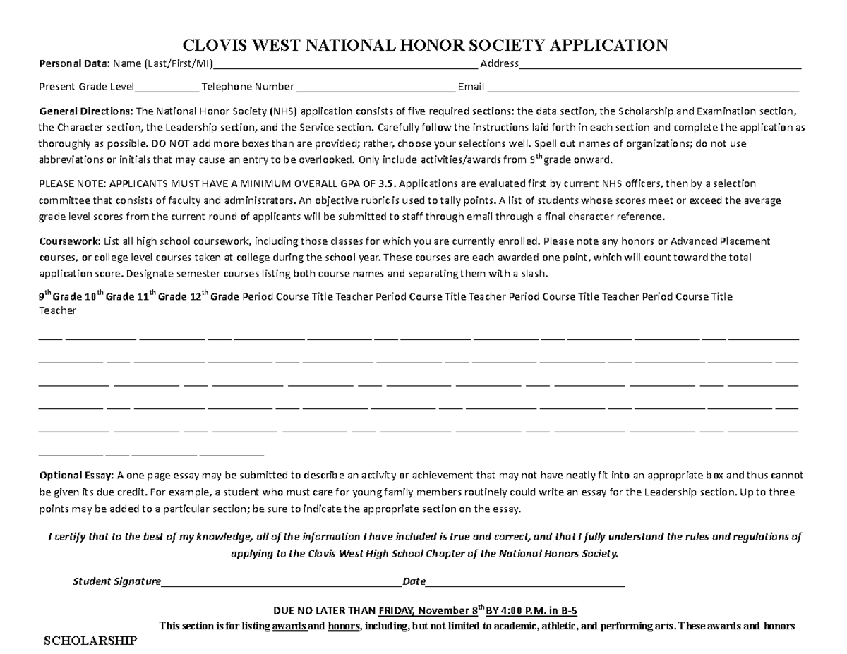 CWHS NHS Application 19 20 - CLOVIS WEST NATIONAL HONOR SOCIETY ...