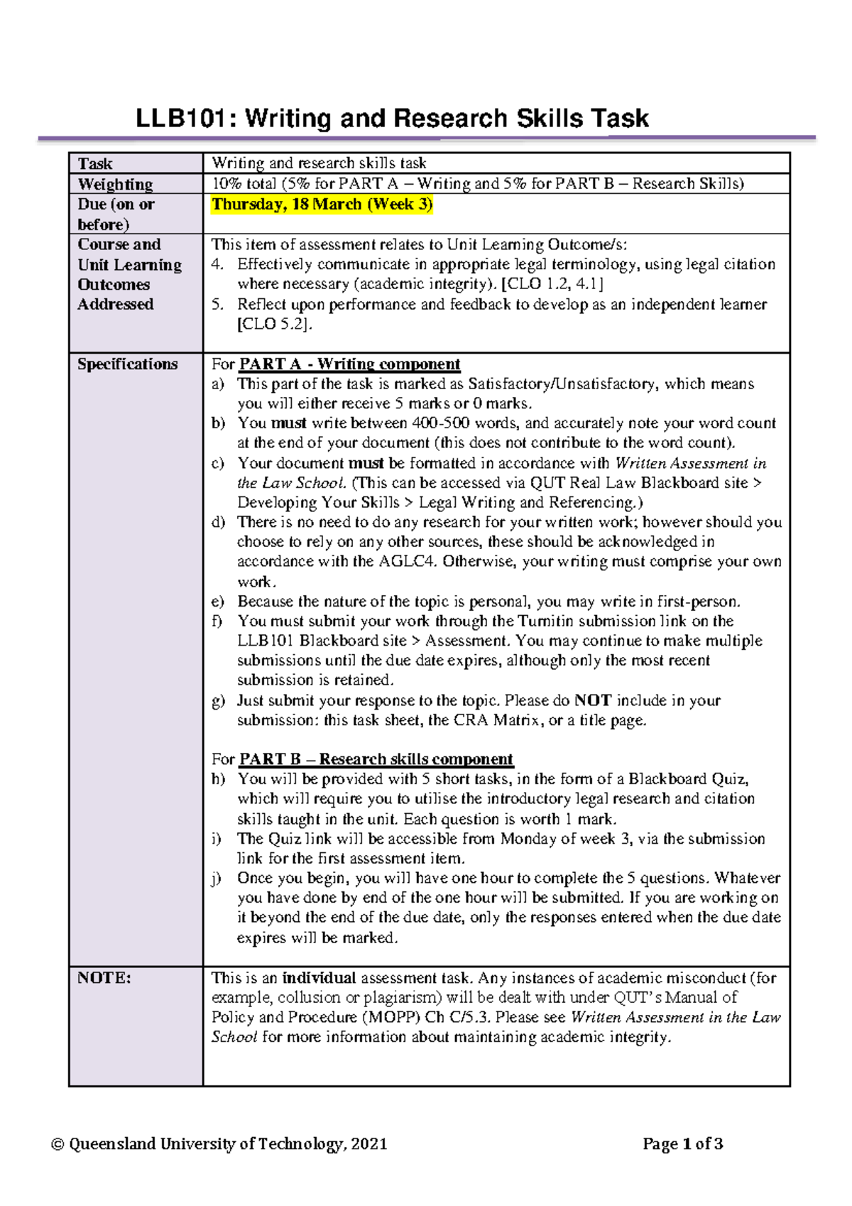 Task Sheet Writing Task - © Queensland University of Technology, 2021 ...