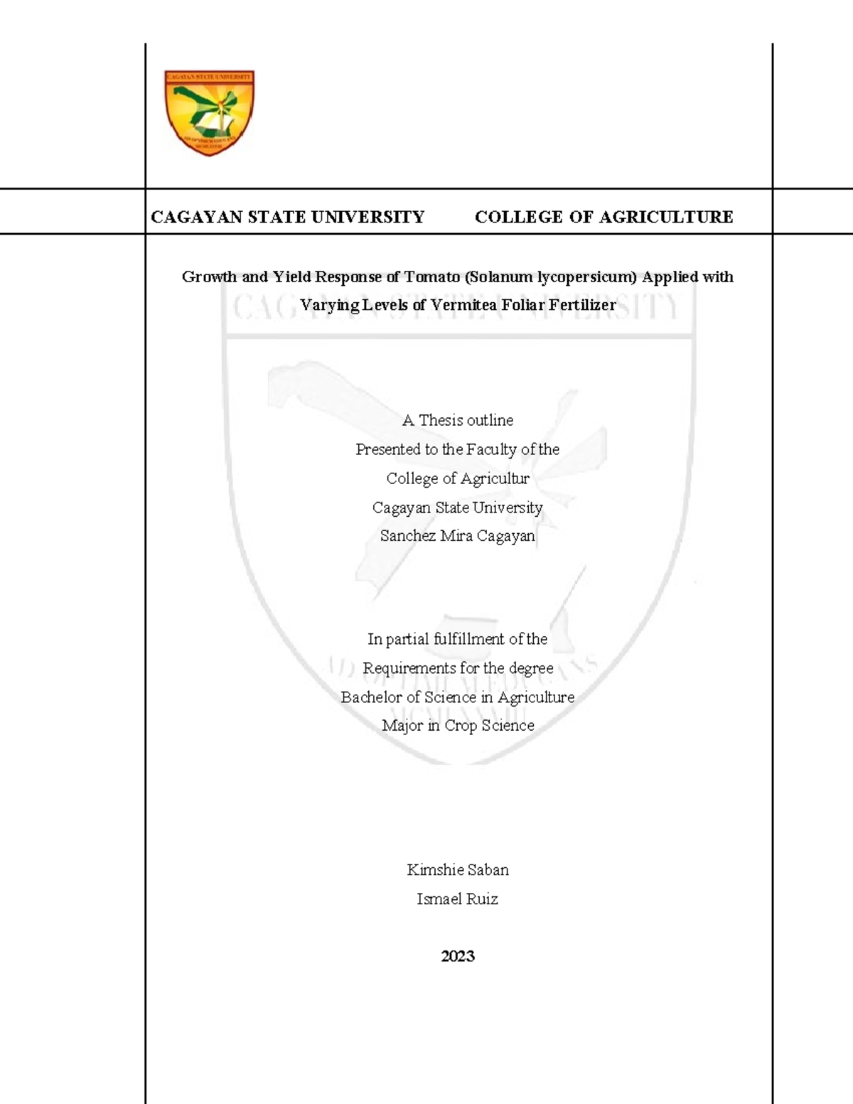 - Thesis-docx - sample! - CAGAYAN STATE UNIVERSITY COLLEGE OF AGRICULTURE Growth and Yield ...