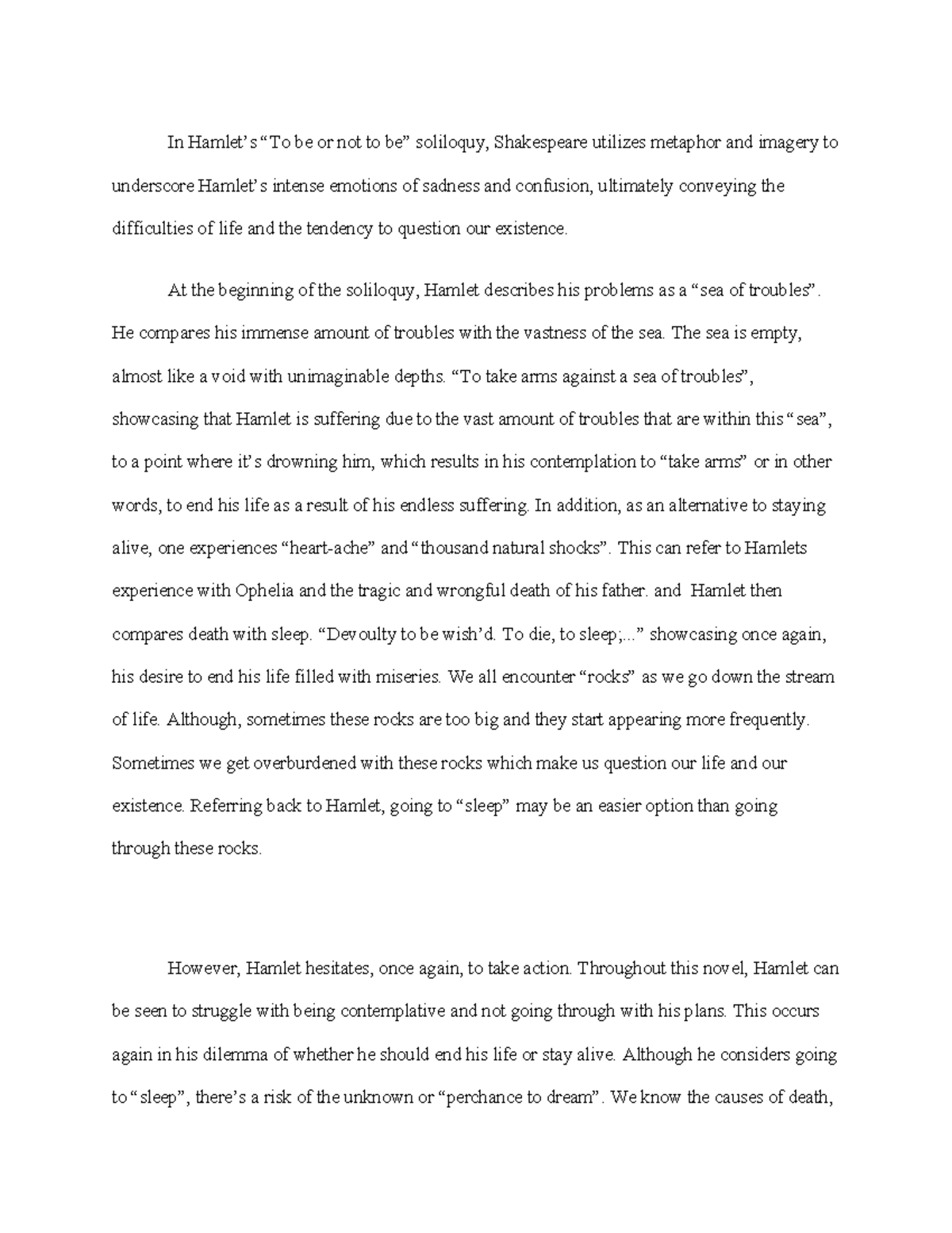 Hamlet's To be, or to not to be FRQ Essay - In Hamlet’s “To be or not ...