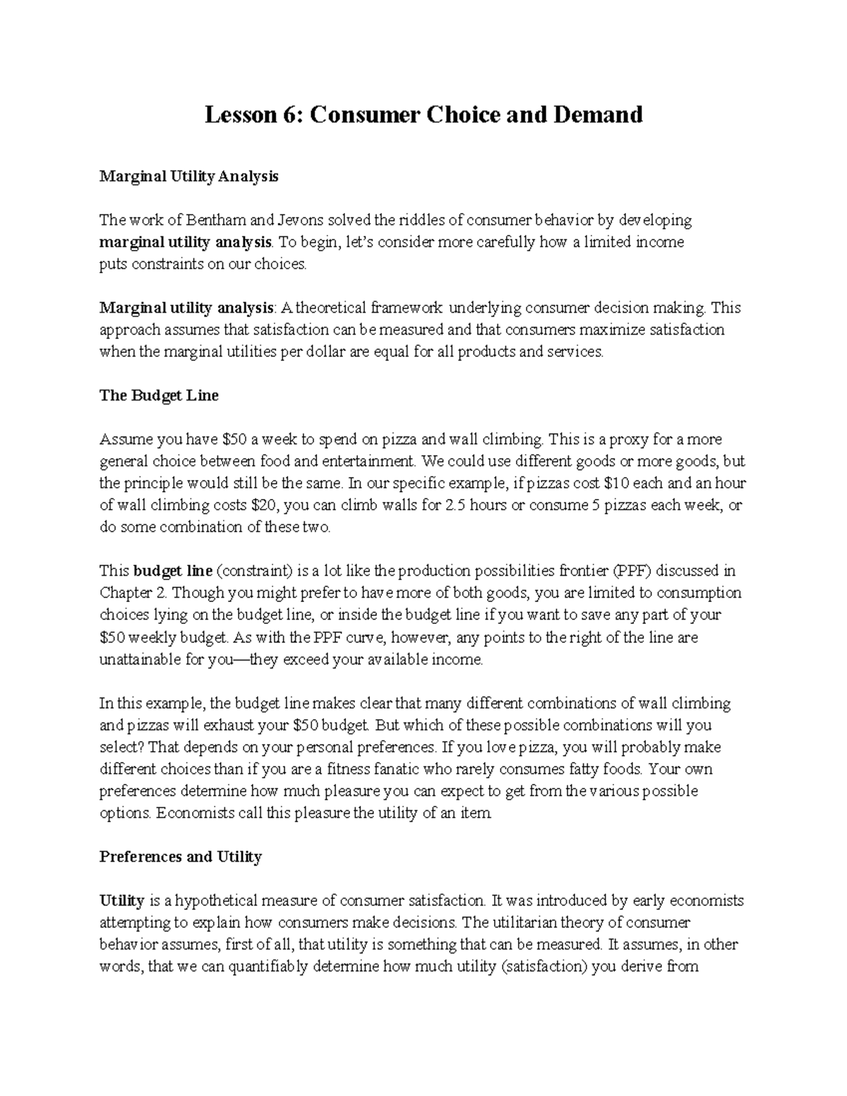Lesson 6 Consumer Choice and Demand - Lesson 6: Consumer Choice and ...